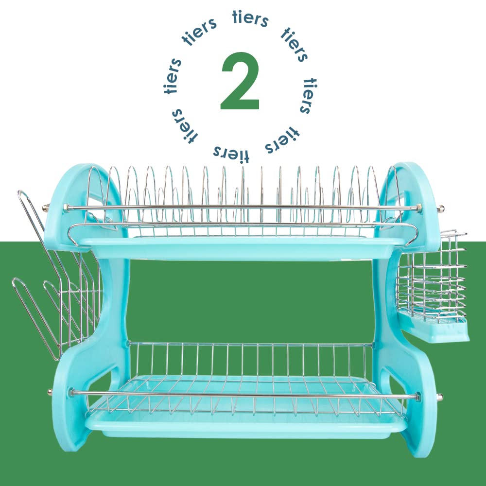Home Basics 2 Tier Dish Drainer (Turquoise) Dish Rack for Kitchen Counter, with Cutlery Holder and Cup Slots