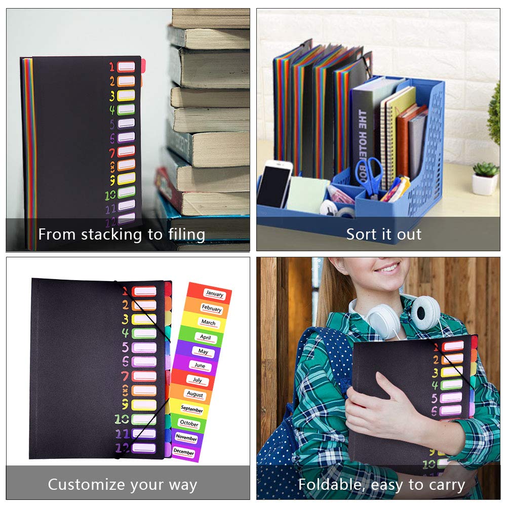 Edufun Rainbow Tab Expanding File Folder - 24 Pockets, Durable A4 Letter Size Organizer, Water-Resistant Plastic Dividers, Home/Office/School Document Holder (Black)