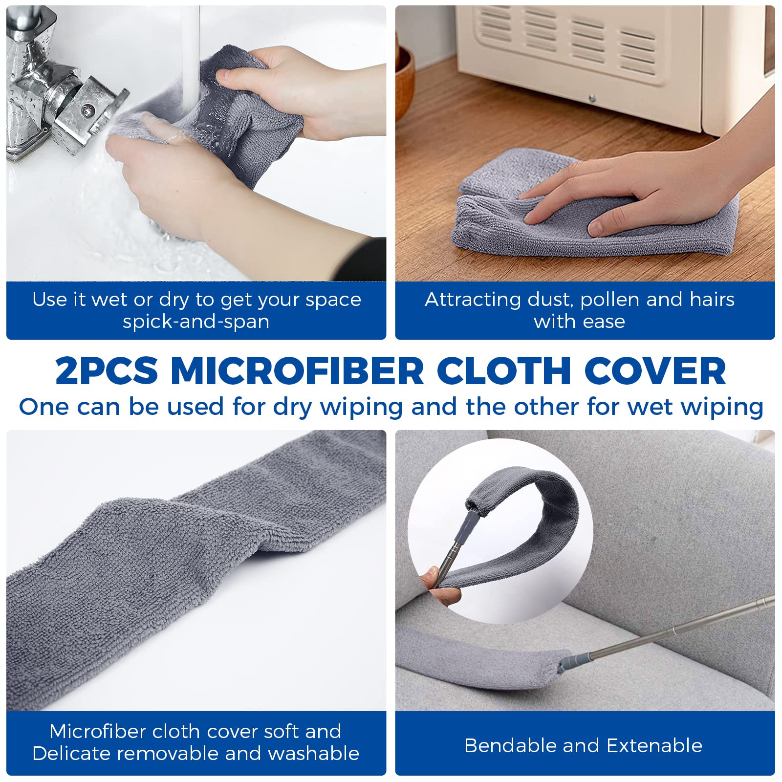 Retractable Gap Dust Cleaner Cleaning Tools with 2 Microfiber Dusting Cloths Long Handle 60inches Washable and Retractable Duster Brush for Cleaning Under Appliances Furniture Couch Fridge