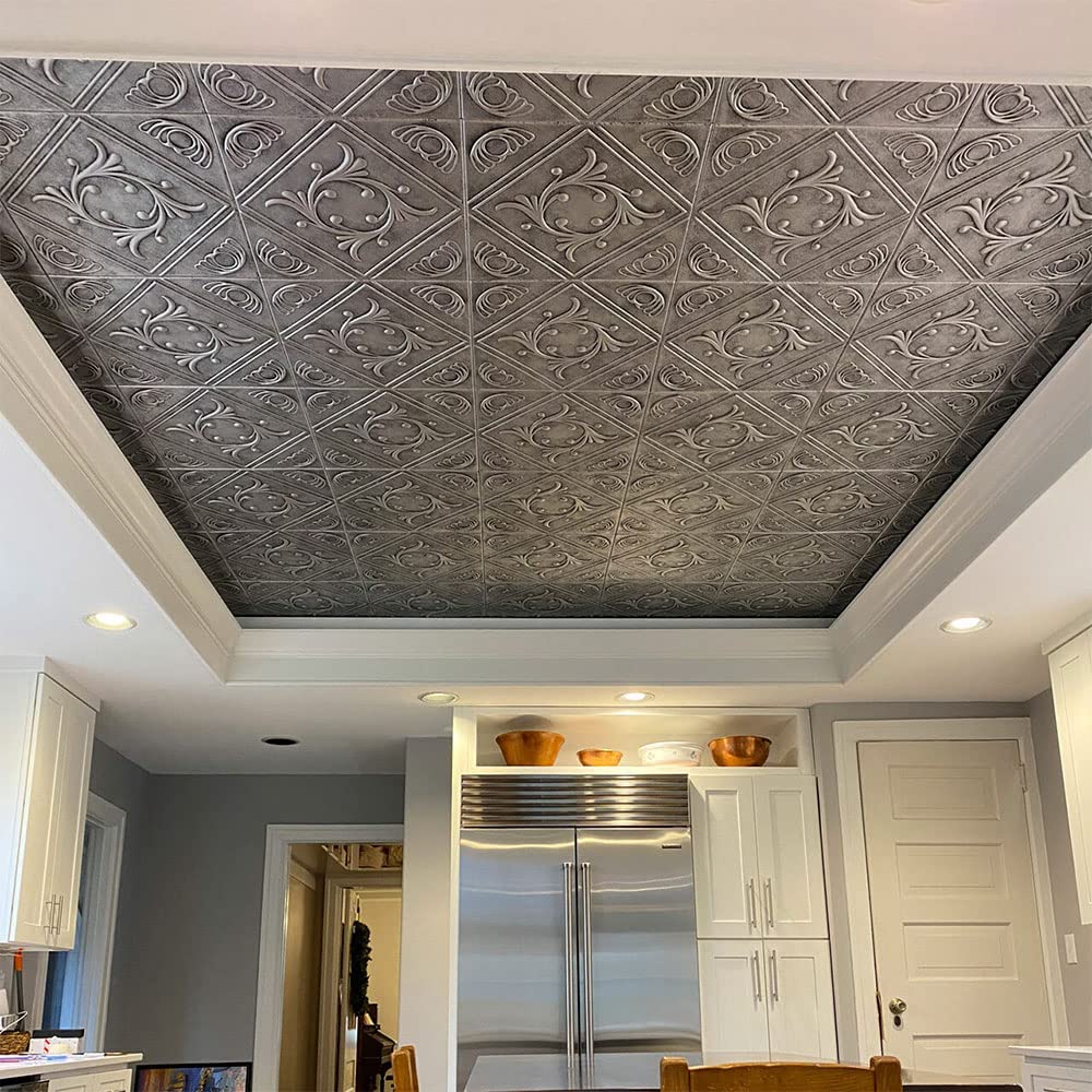 A La Maison Ceilings R02 Diamond Wreath Foam Glue-up Ceiling Tile (21.6 sq. ft./Case), Pack of 8, Antique Silver