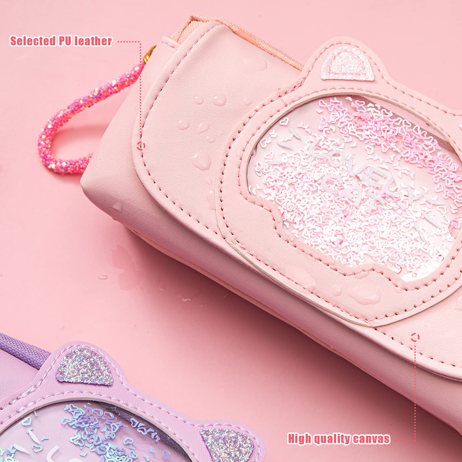 2 Pieces Big Capacity Pencil Case Cute Cat Large Capacity Pencil Pouch Portable Pencil Pouch Stationery Storage Organizer Pencil Box Pen Holder Bag for School Student Present, Pink and Purple