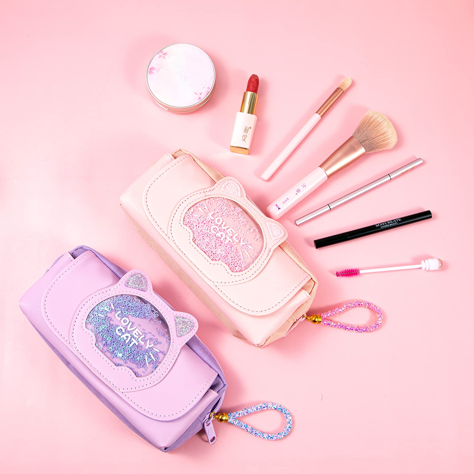 2 Pieces Big Capacity Pencil Case Cute Cat Large Capacity Pencil Pouch Portable Pencil Pouch Stationery Storage Organizer Pencil Box Pen Holder Bag for School Student Present, Pink and Purple