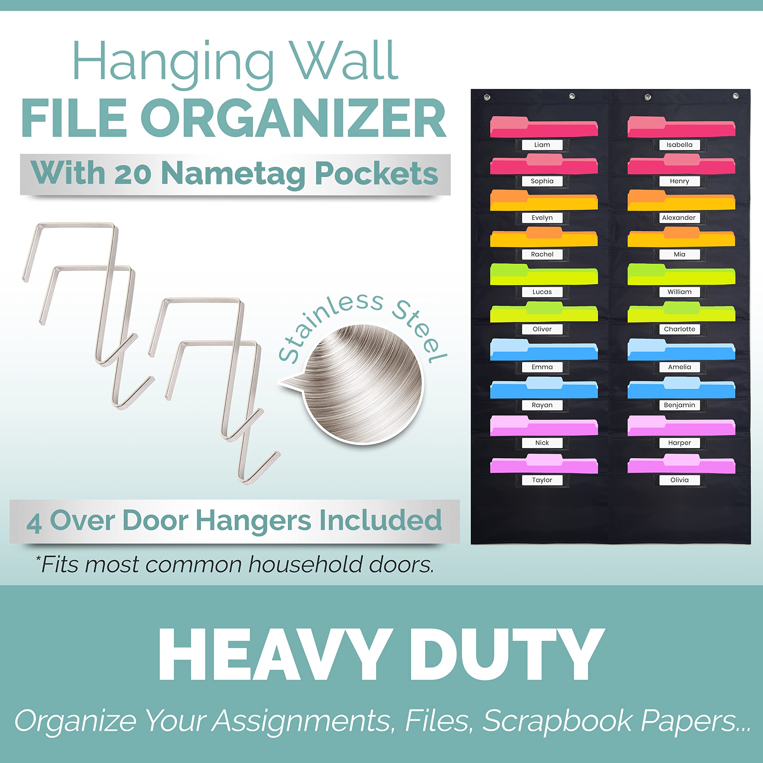 Hippo Creation Heavy Duty Storage Pocket Chart for Classroom, 20 Pocket Storage Organizer with 4 Over-Door Hangers, Hanging Wall Organizer for File Folders, School Mailbox, Home Office Papers - Black