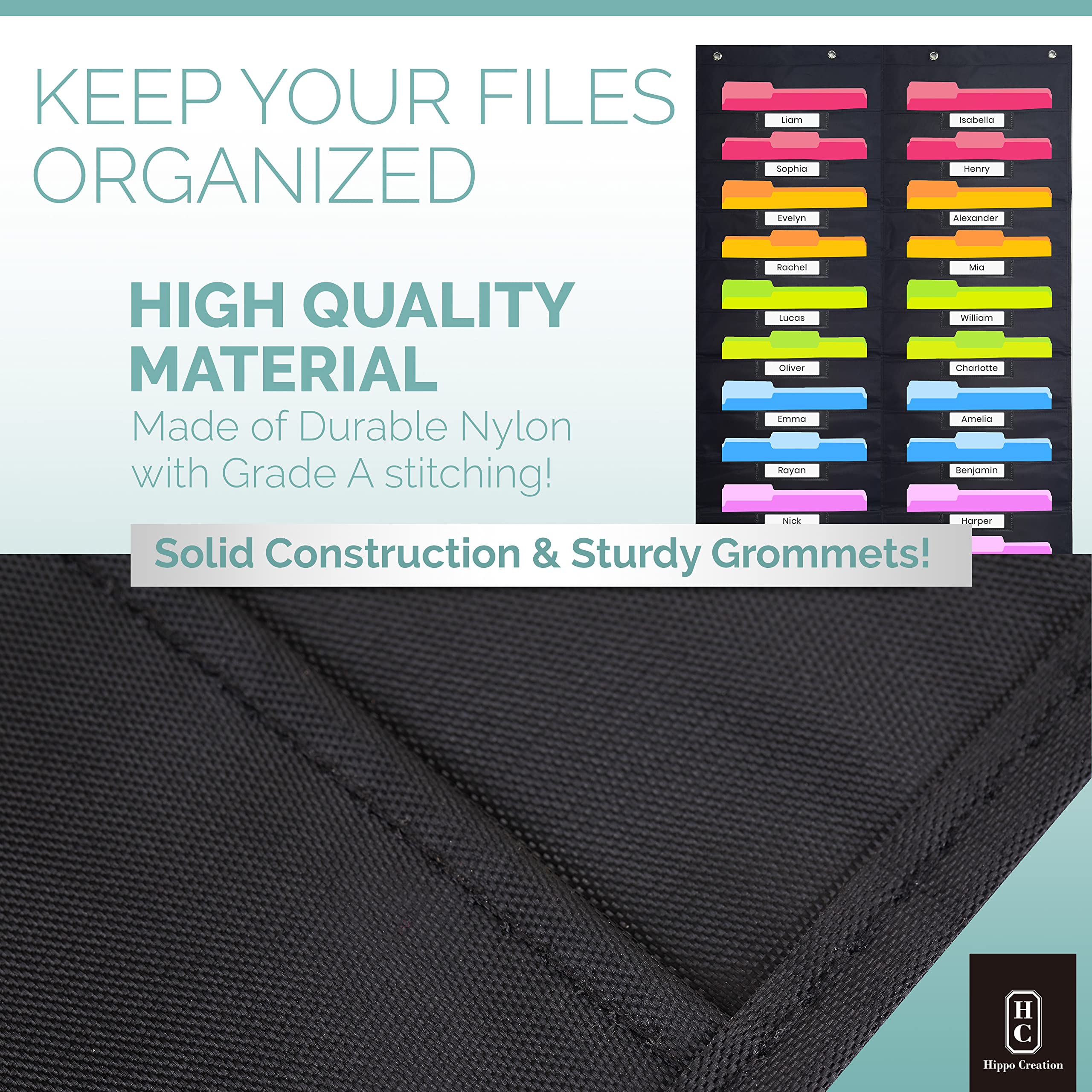 Hippo Creation Heavy Duty Storage Pocket Chart for Classroom, 20 Pocket Storage Organizer with 4 Over-Door Hangers, Hanging Wall Organizer for File Folders, School Mailbox, Home Office Papers - Black
