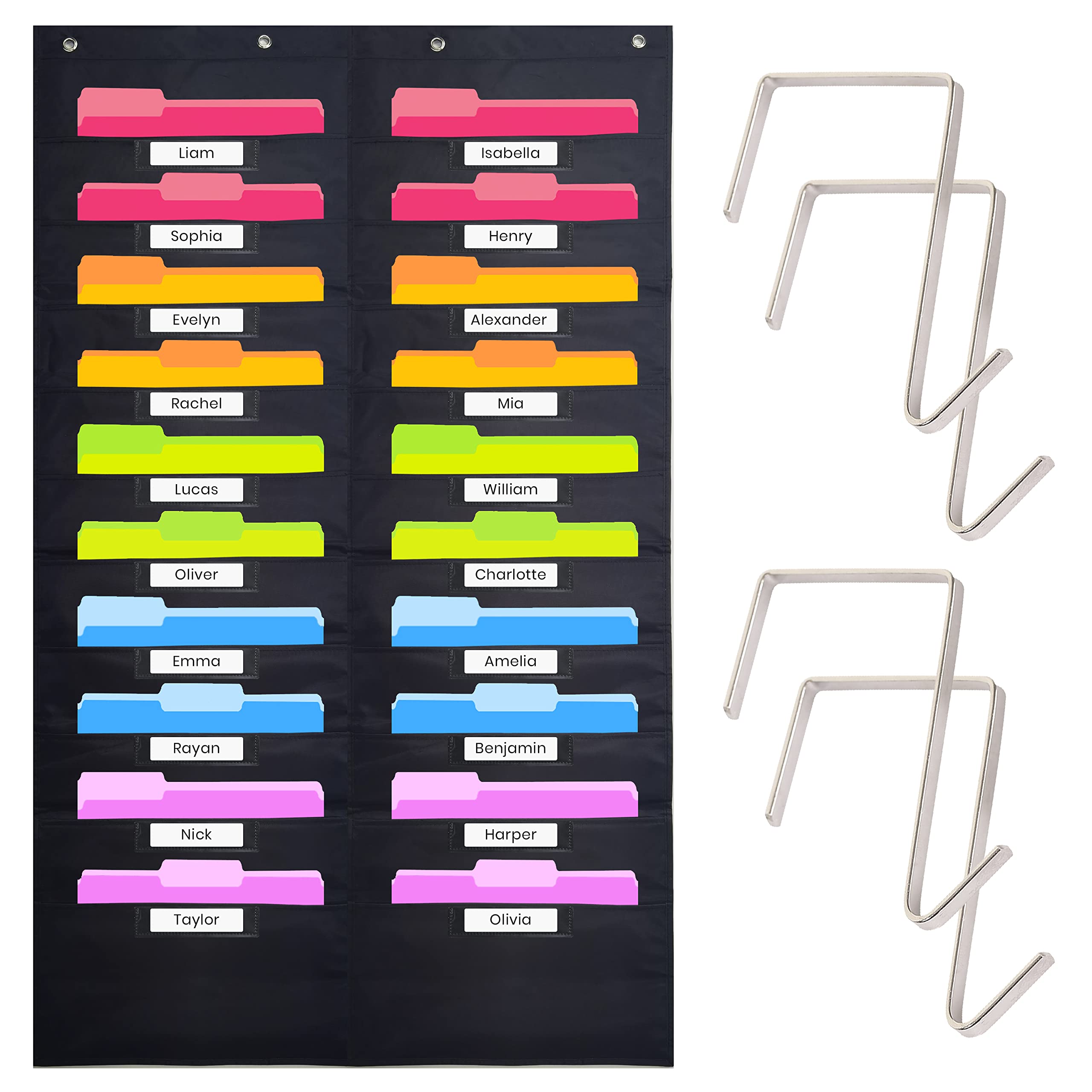 Hippo Creation Heavy Duty Storage Pocket Chart for Classroom, 20 Pocket Storage Organizer with 4 Over-Door Hangers, Hanging Wall Organizer for File Folders, School Mailbox, Home Office Papers - Black
