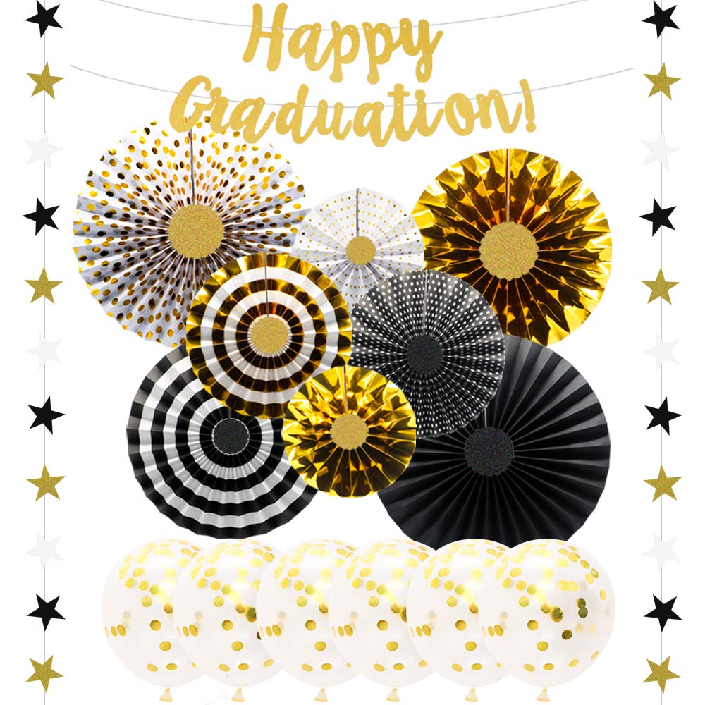 KAXXI Graduation Decorations 2023 Black and Gold, Happy Graduation Banners with Paper Fans Star Garland Confetti Balloons Set for Grad Party Supplies