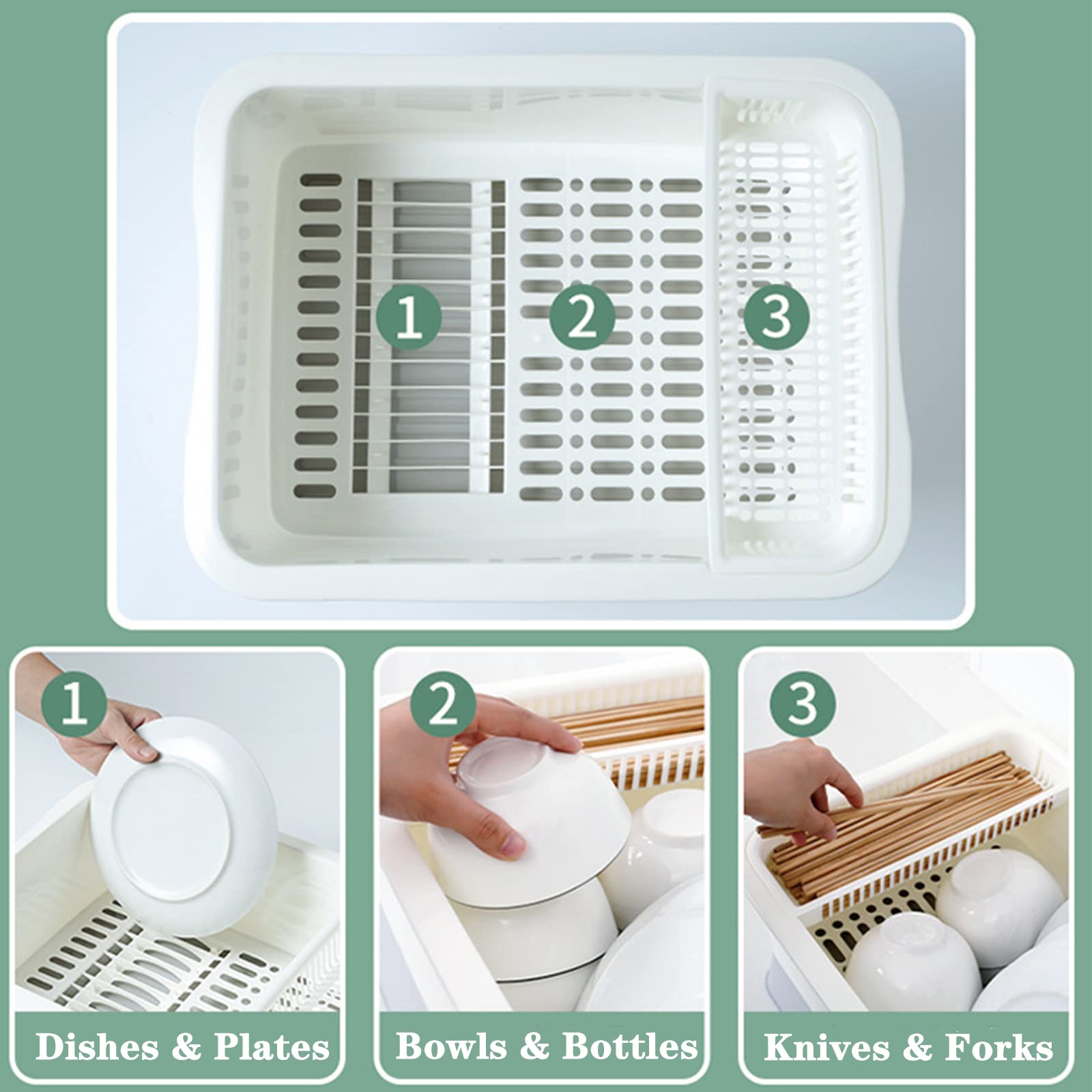 Lyellfe Plastic Dish Drying Rack, Dish Dryer Holder with Cover Lid and Removable Drainboard, White Utensil and Cup Holder for Kitchen Counter, Dish Dryer Shelf, Medium Size