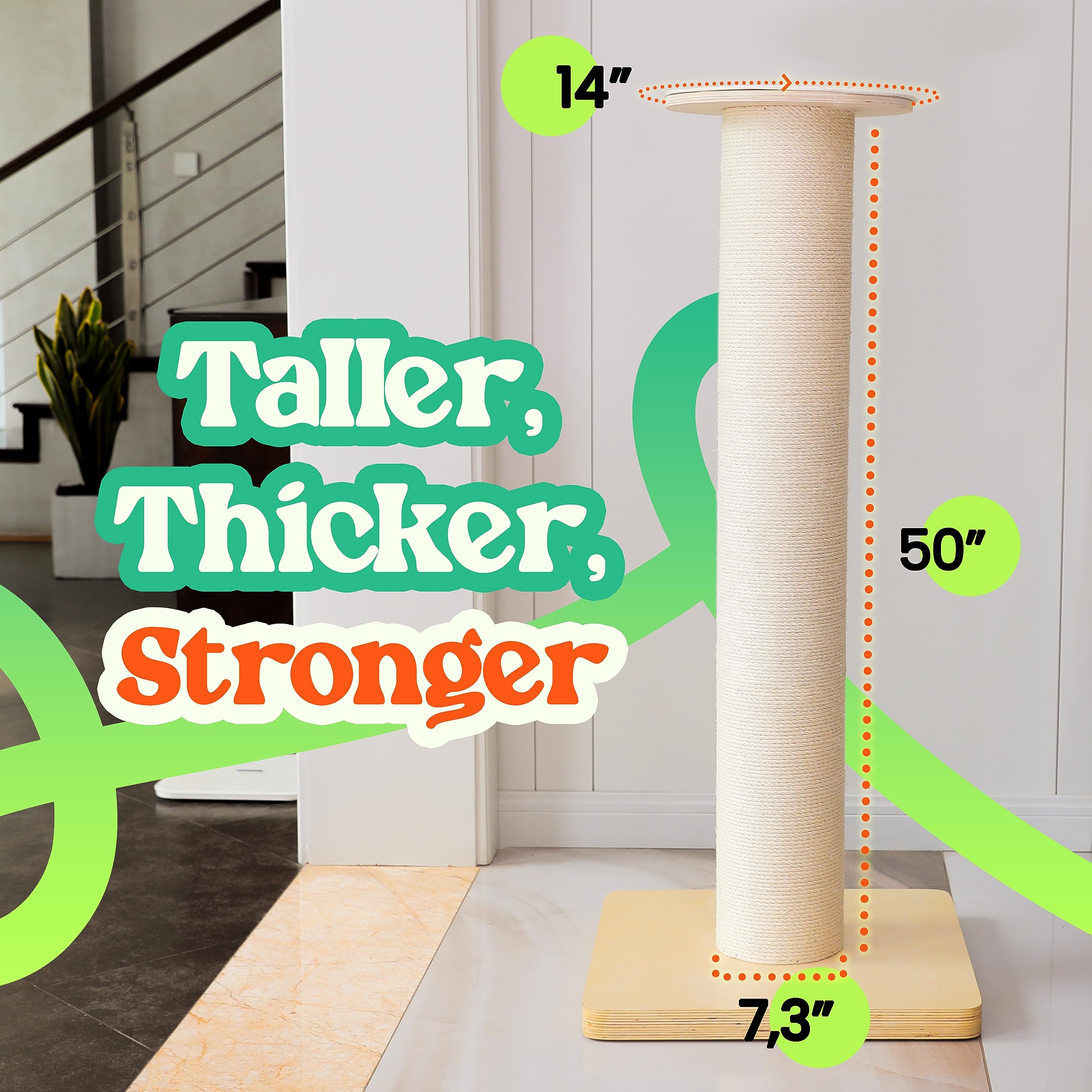 KONELCARE 50" Tall Cat Scratching Post, Extra-Large Cat Scratch Post for Biggest Cats (Maine Coon), 7.3” Thick Post, 36lbs Weight, Solid Wood Base & Natural Sisal Rope
