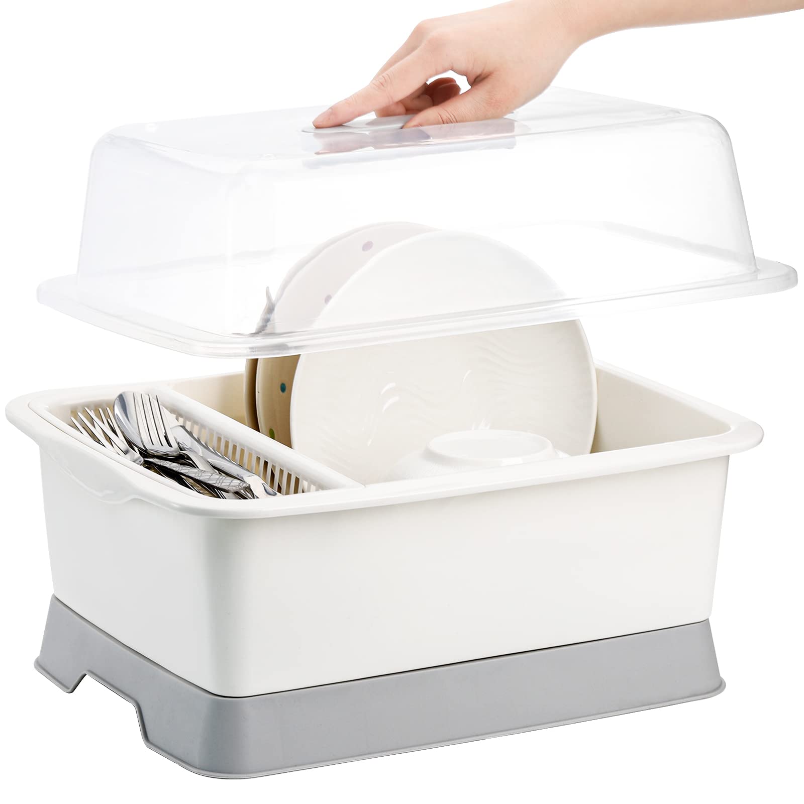 Lyellfe Plastic Dish Drying Rack, Dish Dryer Holder with Cover Lid and Removable Drainboard, White Utensil and Cup Holder for Kitchen Counter, Dish Dryer Shelf, Medium Size