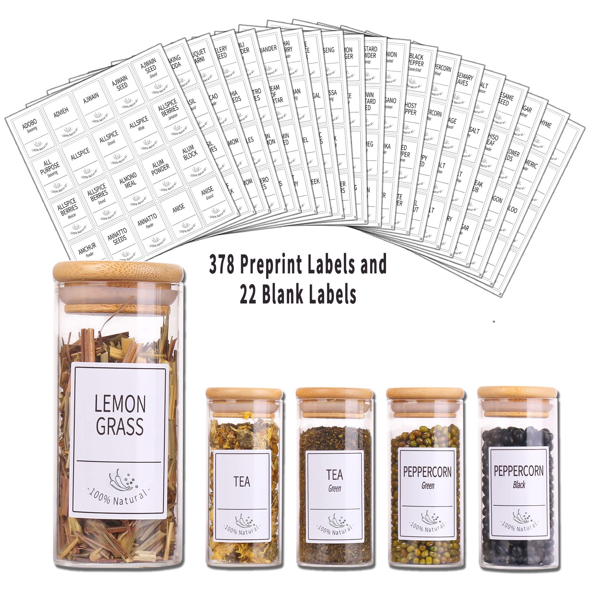 Churboro 24 Glass Spice Jars with Bamboo Airtight Lids, 400 Spice Labels, Funnel and Chalk Marker Set Spice Containers, 4 OZ Glass Storage Jars.