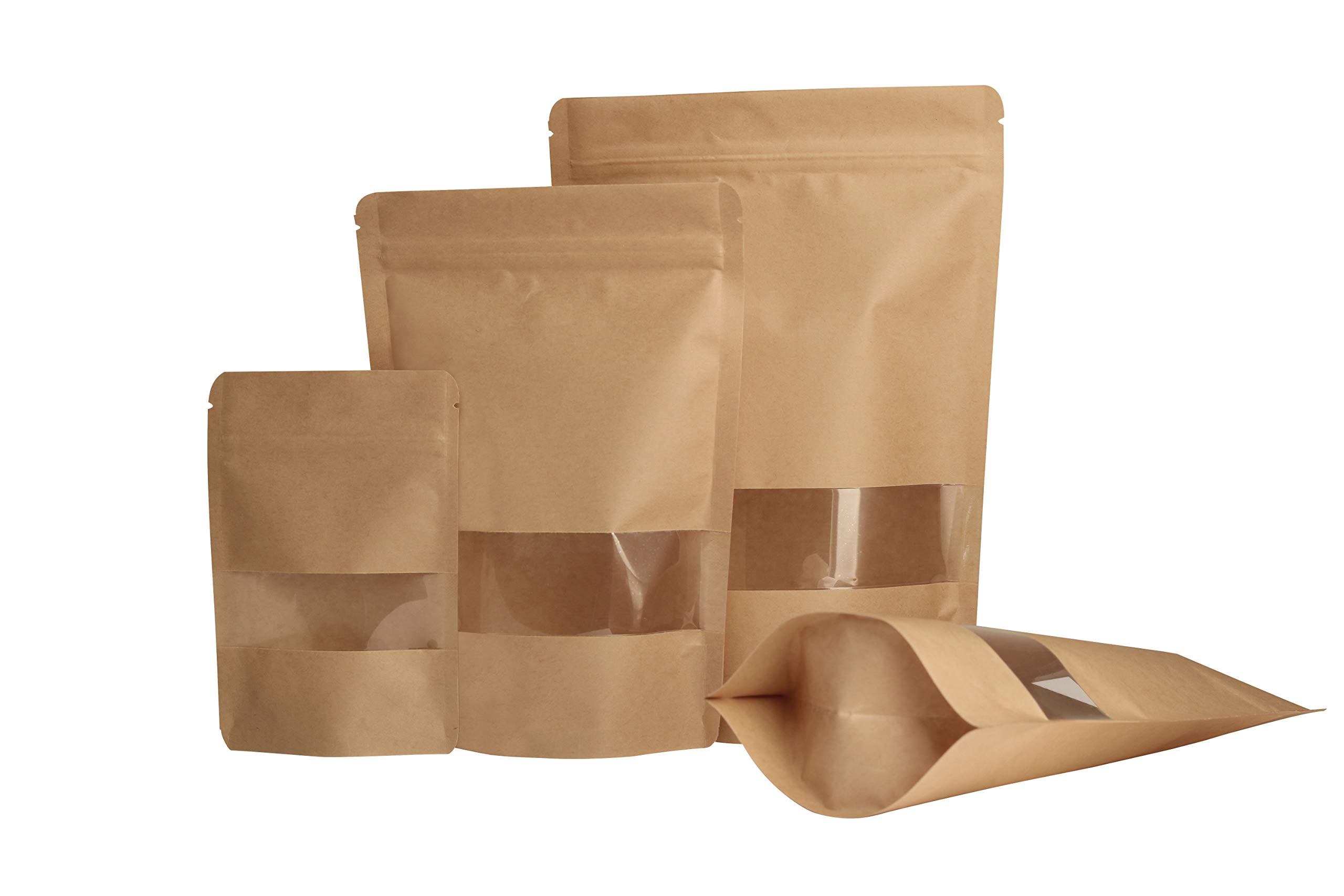 Yuugen Products Kraft Stand-Up Pouch Bags with Clear Window, Zip Lock, and Tear Notch - Reusable, Heat-Sealable | Storage for Food, Non-Food Items, Home and Business - 50 Pcs (5.9" x 8.6")