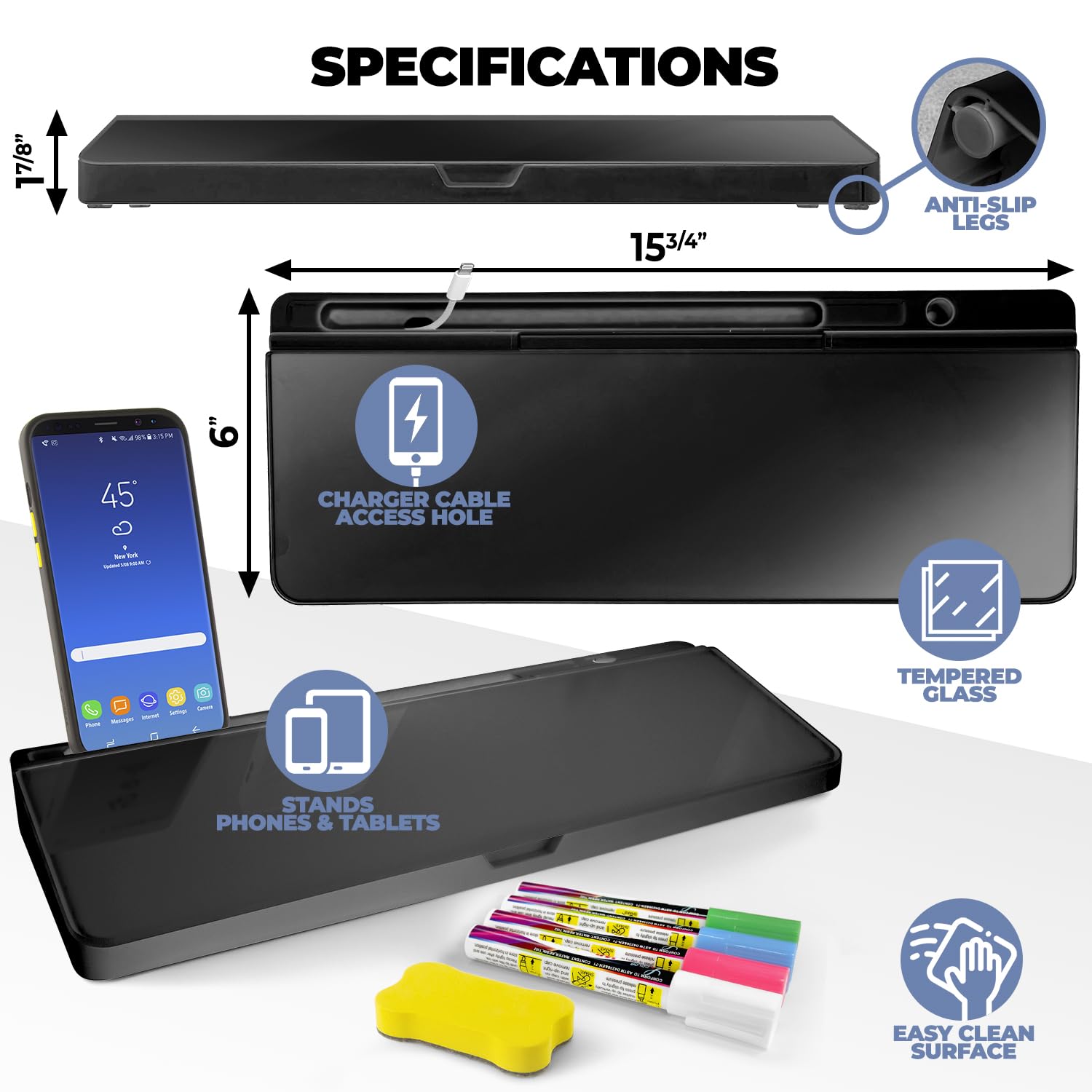Desktop Whiteboard - Glass Dry Erase White Board- Desk Computer Buddy – Home Office & Studying Essentials - Desktop Pad with Phone & Tablet Slot, Storage Compartment - Includes 4 Markers, 1 Eraser.