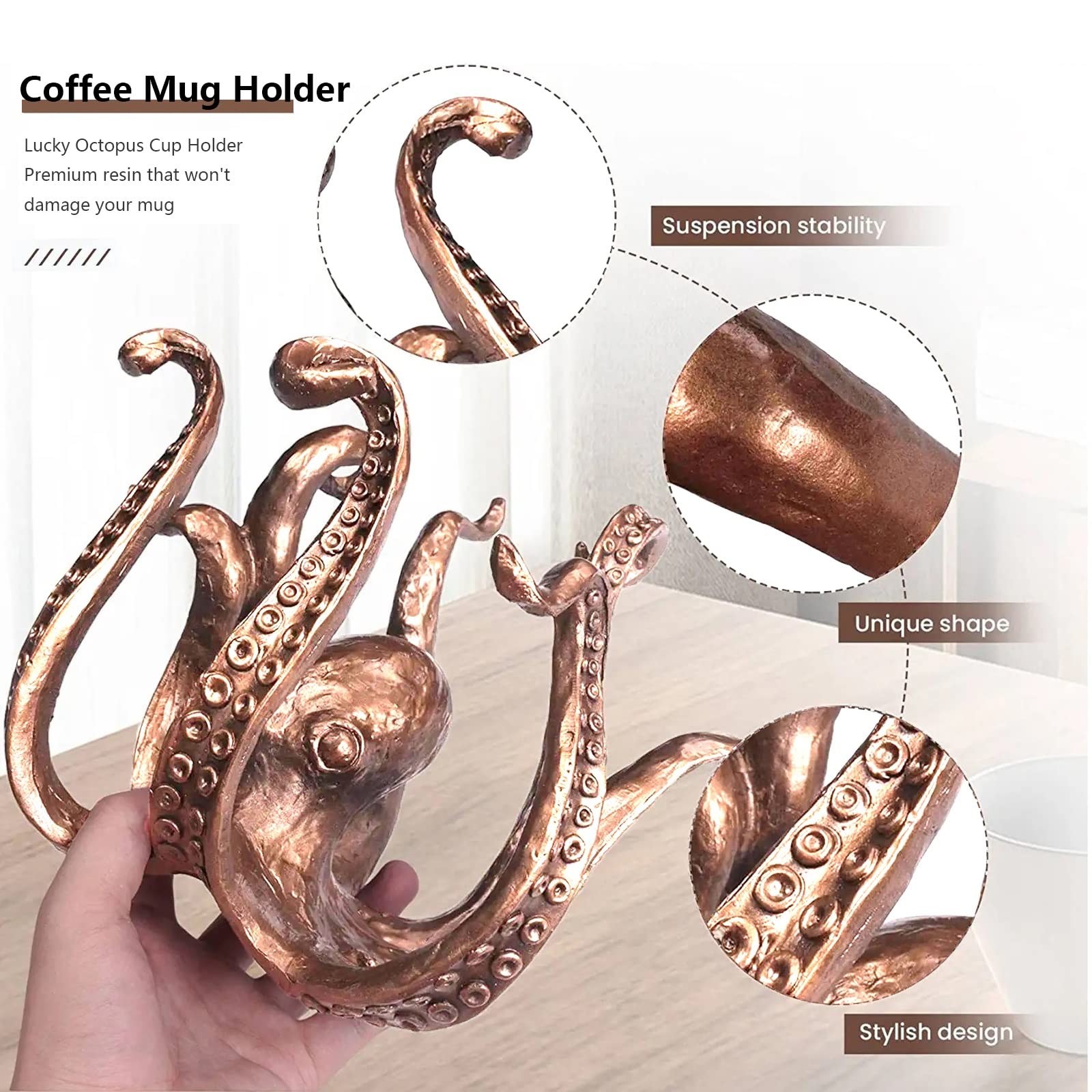 dytcfly Octopus Mug Holder for Home Decor, Upgrade Anti-Drop ccoffee Cup Holder for countertop,Retro Style Gold Resin Octopus Cup Holder, Octopus Statue Accessories for Kitchen Restaurant Coffee bar