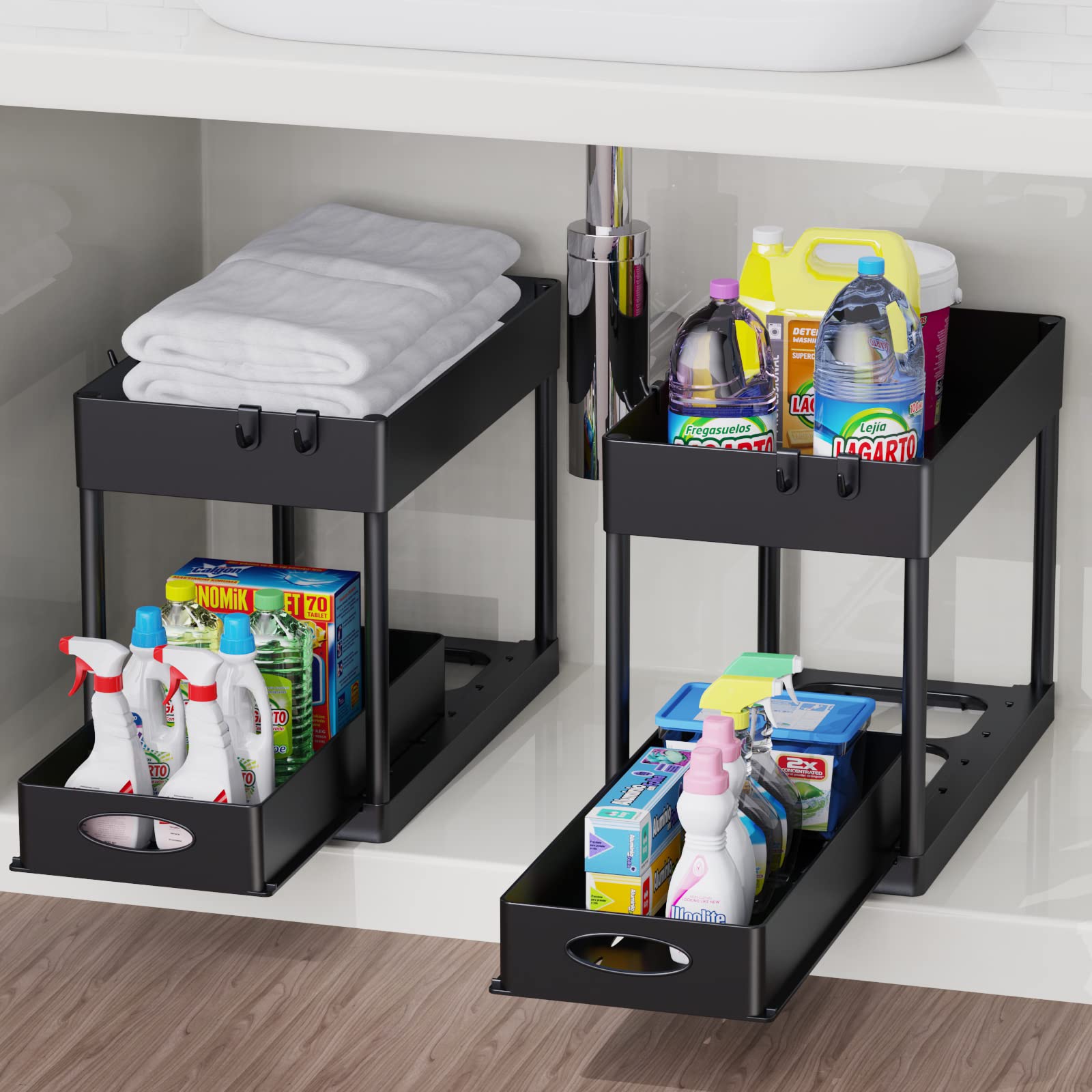 Cucn Under Sink Organizer, 2 Tier Under Sliding Cabinet Basket Organizer Drawer with Hooks, Under Sink Organizers and Storage Under Cabinet Storage for Bathroom Kitchen, Black