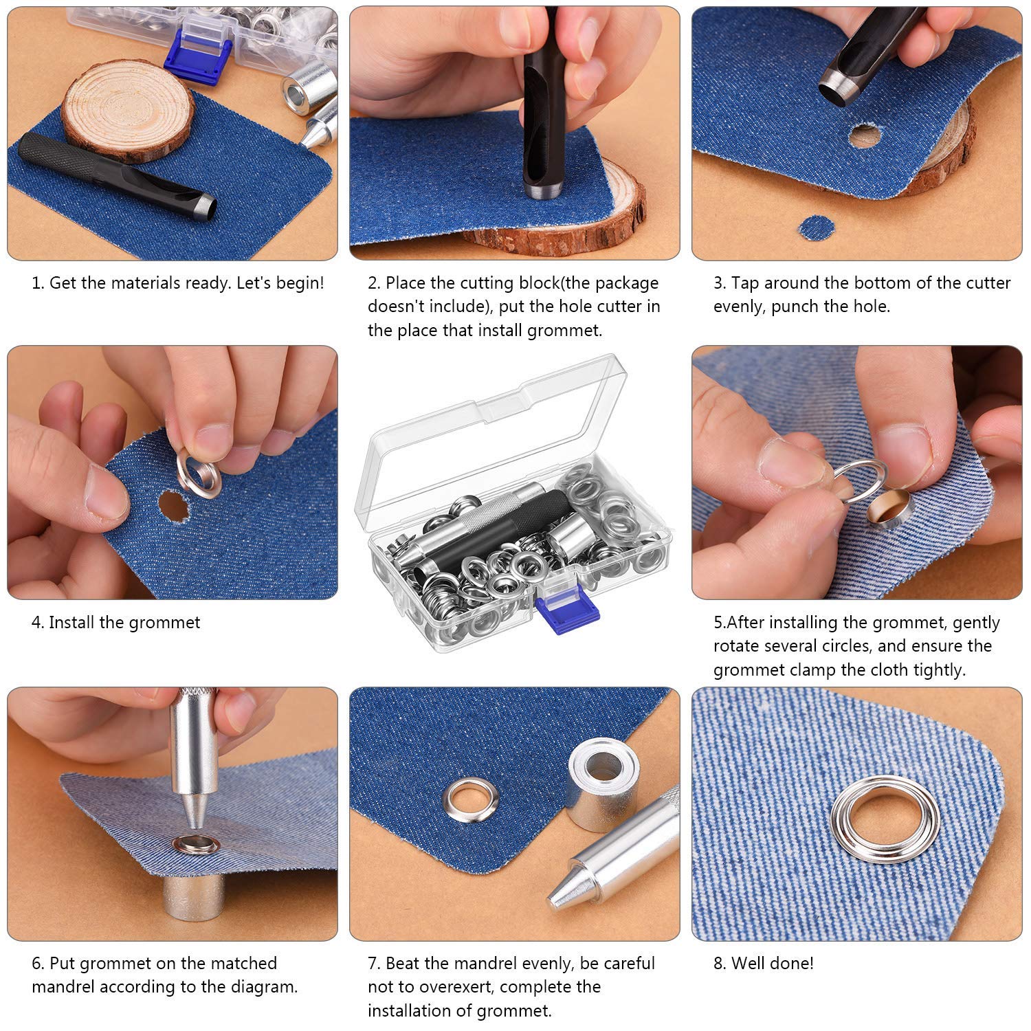 Grommet Tool Kit, Grommet Setting Tool and 100 Sets Grommets Eyelets with Storage Box (1/2 Inch Inside Diameter)