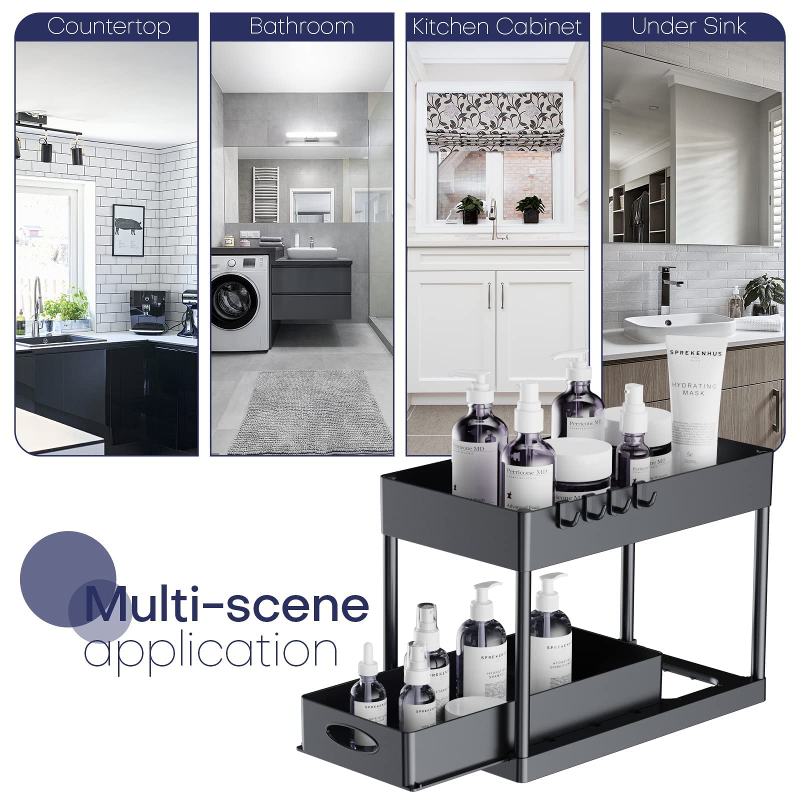 Cucn Under Sink Organizer, 2 Tier Under Sliding Cabinet Basket Organizer Drawer with Hooks, Under Sink Organizers and Storage Under Cabinet Storage for Bathroom Kitchen, Black
