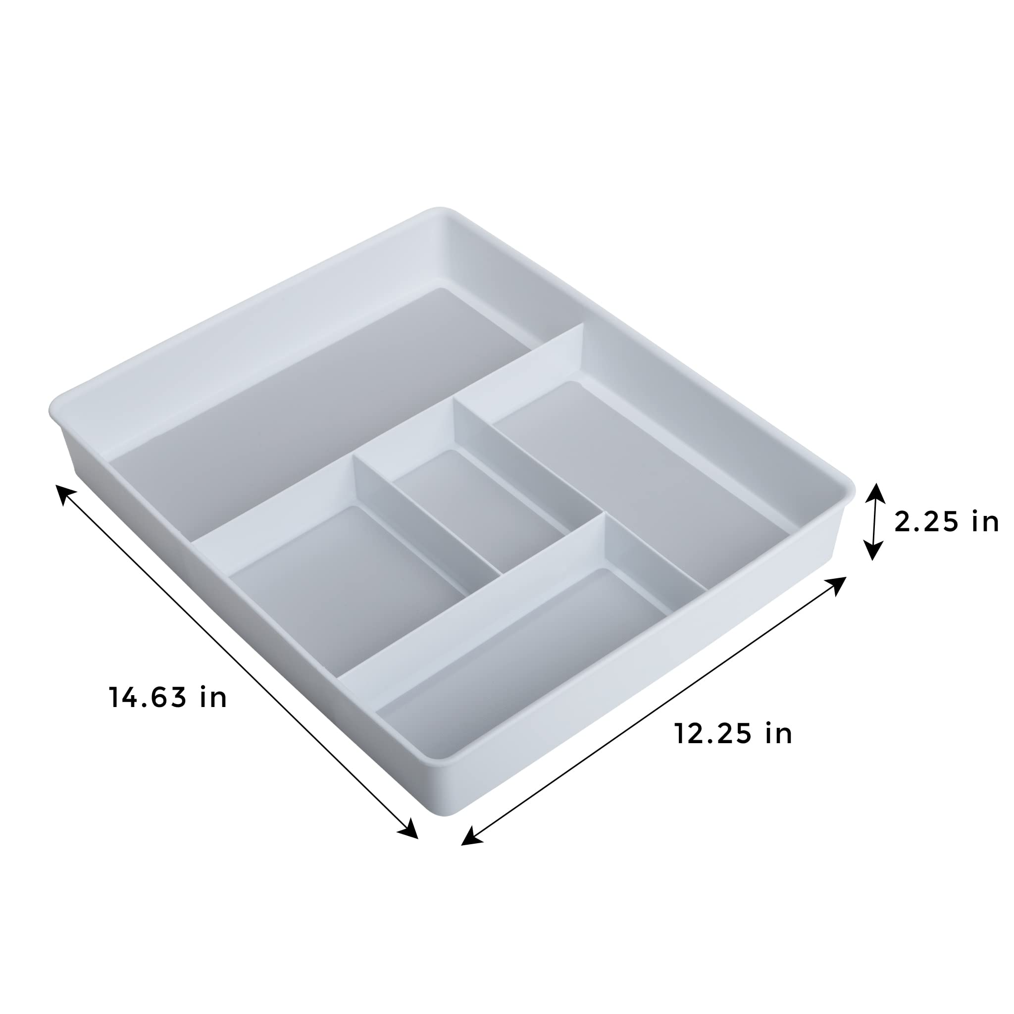 Smart Design 5-Compartment Plastic Drawer Organizer - Non-Slip Lining and Feet - BPA Free - Utensils, Flatware, Office, Personal Care, or Makeup Storage - White with Gray