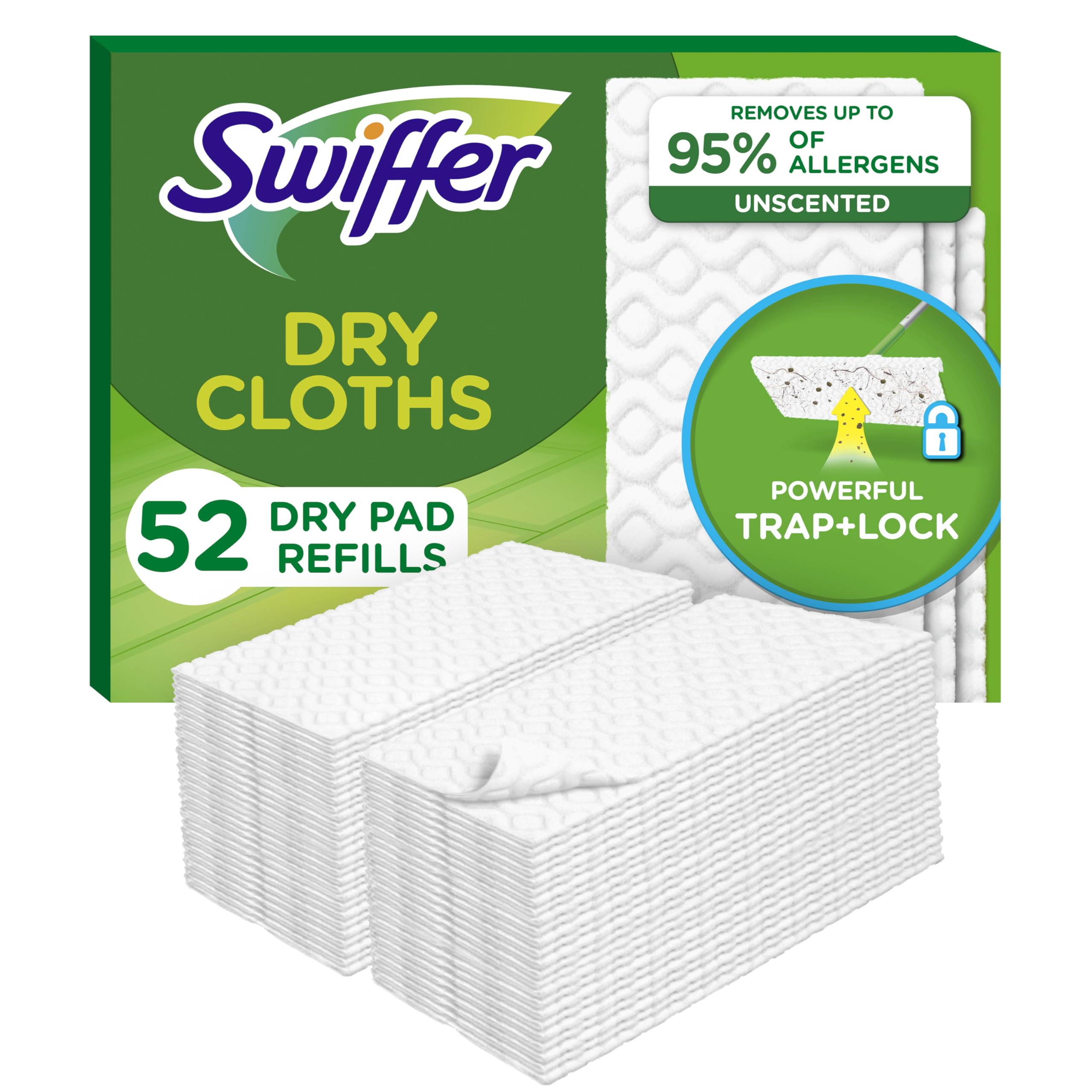 Swiffer Sweeper Dry Mop Refills for Floor Mopping and Cleaning, All Purpose Floor Cleaning Product, Unscented, 52 Count (Packaging May Vary)