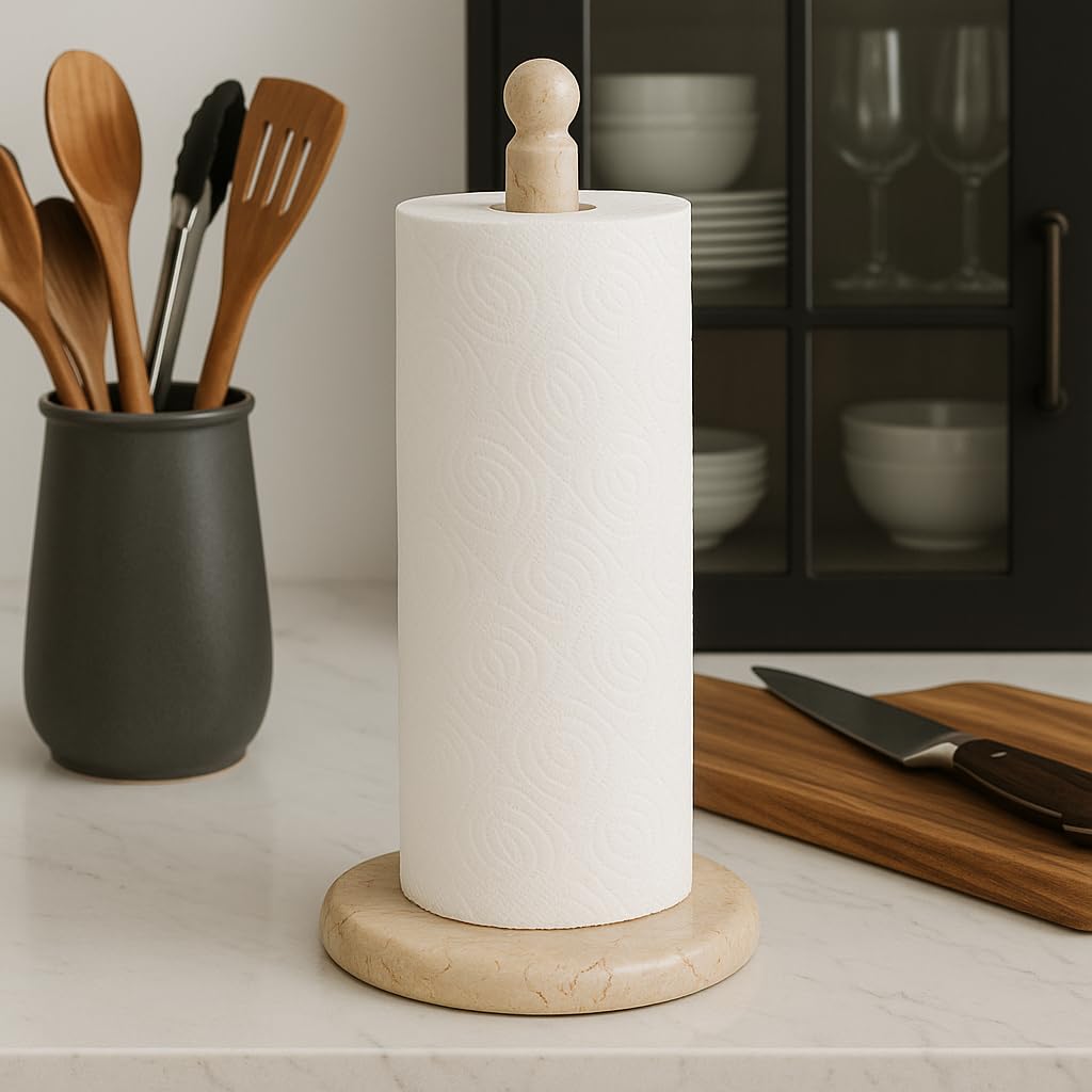 Creative Home Natural Champagne Marble Stone Paper Holder Kitchen Towel Dispenser, 6.5" Diam. x 12.5" H, Beige
