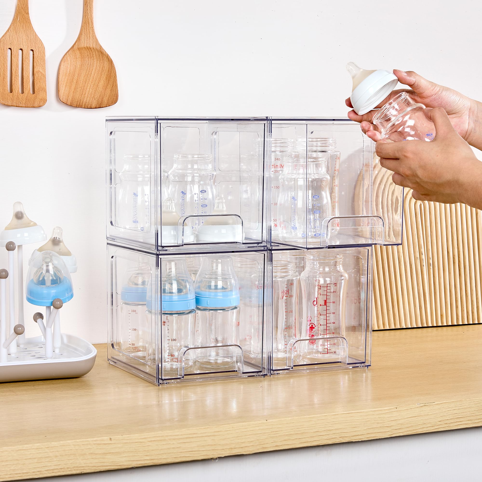 Vtopmart 4 Pack Stackable Makeup Organizer Storage Drawers, 6.6’‘ Tall Acrylic Bathroom Organizers,Clear Plastic Storage Bins For Vanity, Undersink, Kitchen Cabinets, Pantry Organization and Storage