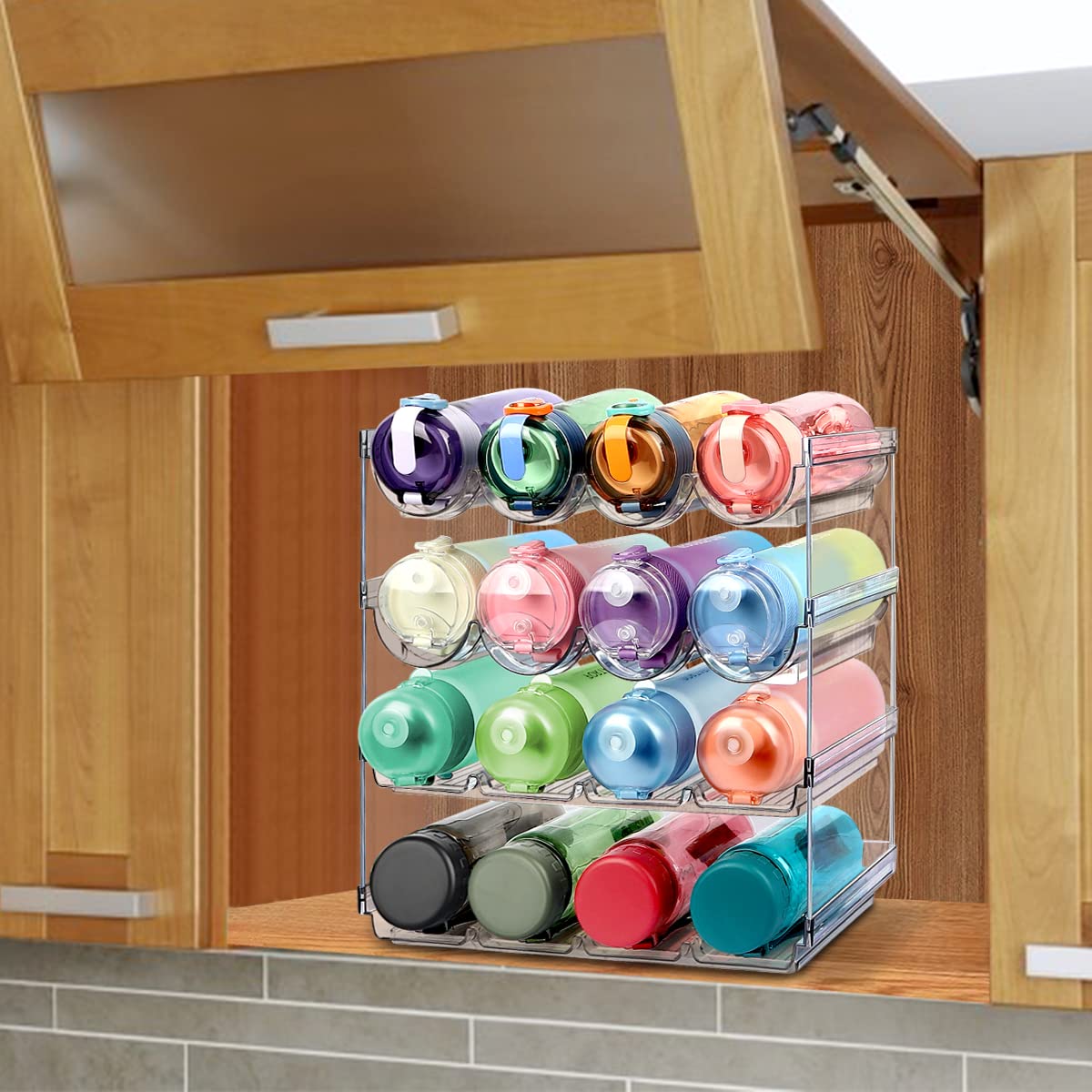 Water Bottle Organizer For Cabinet,4 Pack Plastic Clear Stackable Bottle Holder Storage,Pantry Organizer and Cabinet Organizer,Wine Rack/Drink Bottle Storage Stand for Refrigerator,Kitchen,Freezer