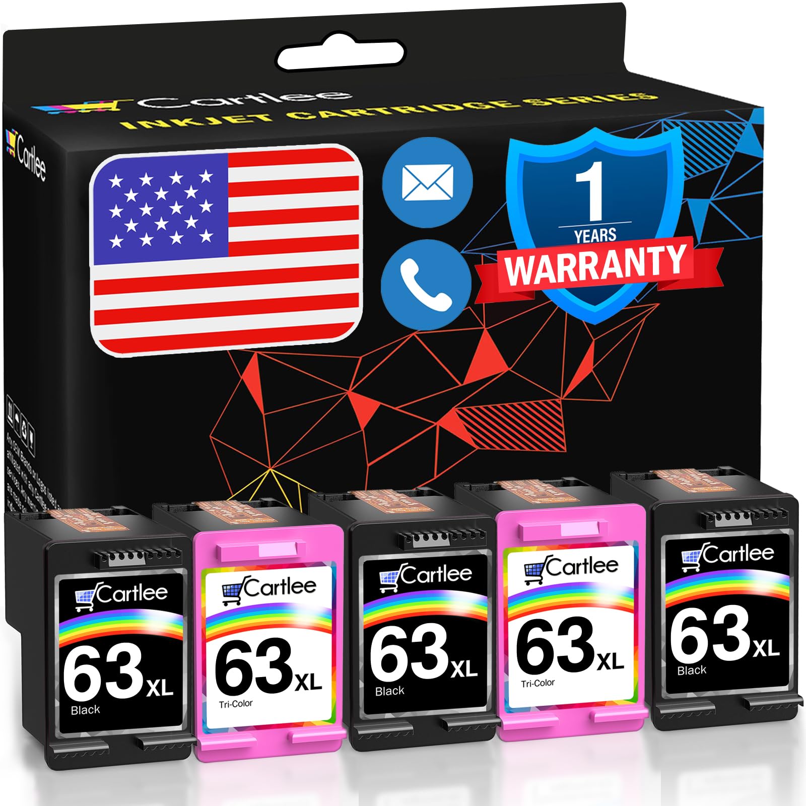 Cartlee 5 Remanufactured 63XL 63 XL High Yield Ink Cartridges for HP Envy 4512 4520 DeskJet 3632 2130 1110 1112 2132 3630 3634 3636 3637 OfficeJet 3830 3833 4650 4652 5255 5258 Printer Black, Color