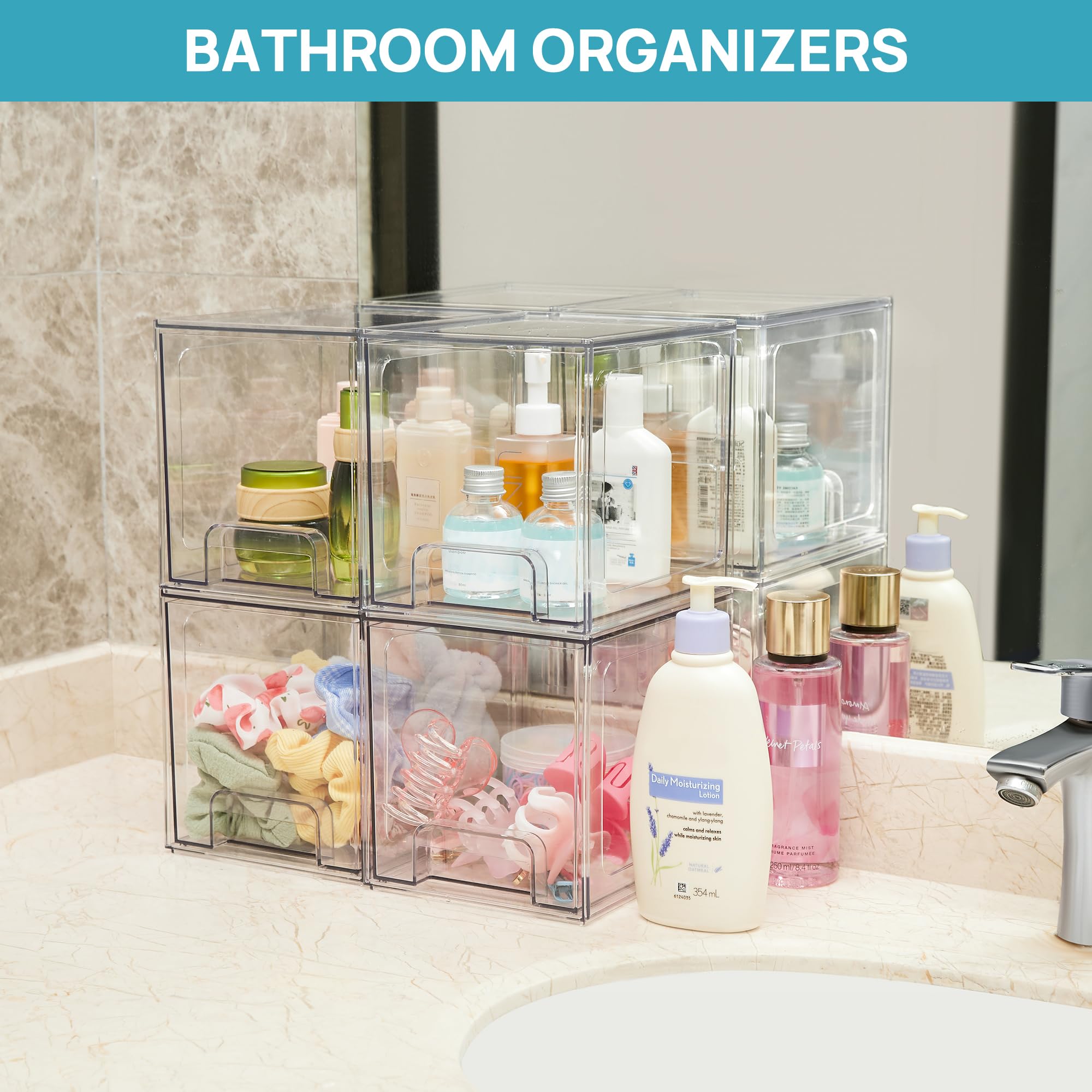 Vtopmart 4 Pack Stackable Makeup Organizer Storage Drawers, 6.6’‘ Tall Acrylic Bathroom Organizers,Clear Plastic Storage Bins For Vanity, Undersink, Kitchen Cabinets, Pantry Organization and Storage