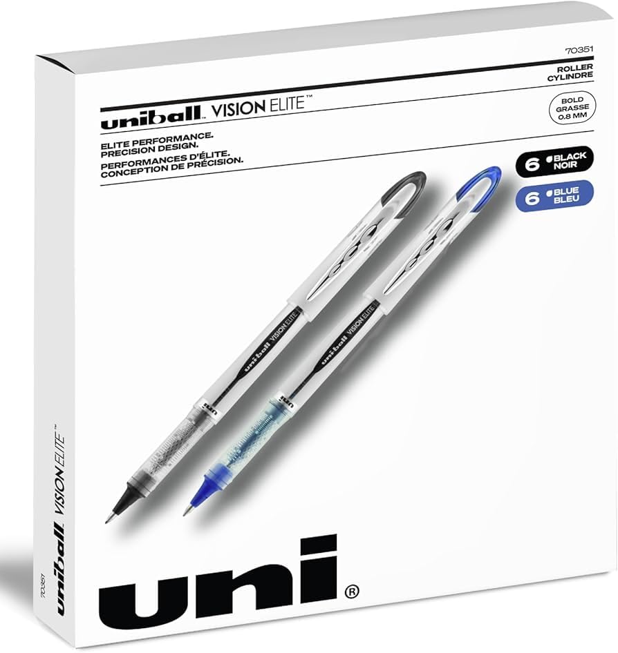 Uniball Vision Elite Rollerball Pens - 12 Pack (6 Black & 6 Blue Ballpens) - 0.8mm Bold Point Tip - Uni Super Ink Protects Against Water, Fraud, Fading - Ideal for Personal Use, School, Office, Home