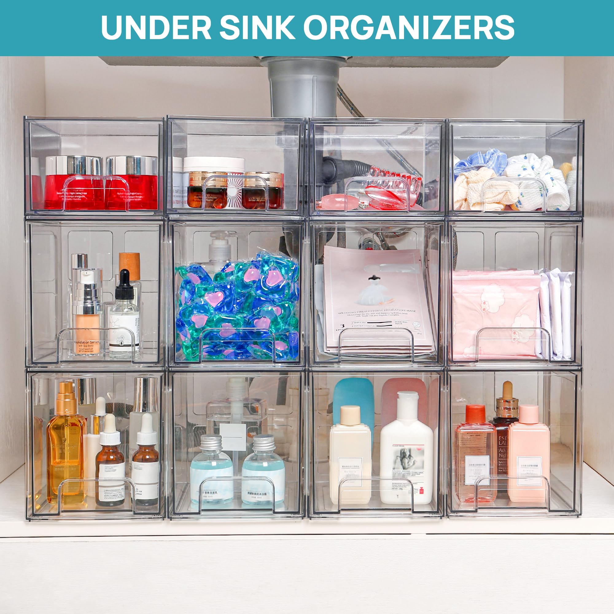 Vtopmart 4 Pack Stackable Makeup Organizer Storage Drawers, 6.6’‘ Tall Acrylic Bathroom Organizers,Clear Plastic Storage Bins For Vanity, Undersink, Kitchen Cabinets, Pantry Organization and Storage