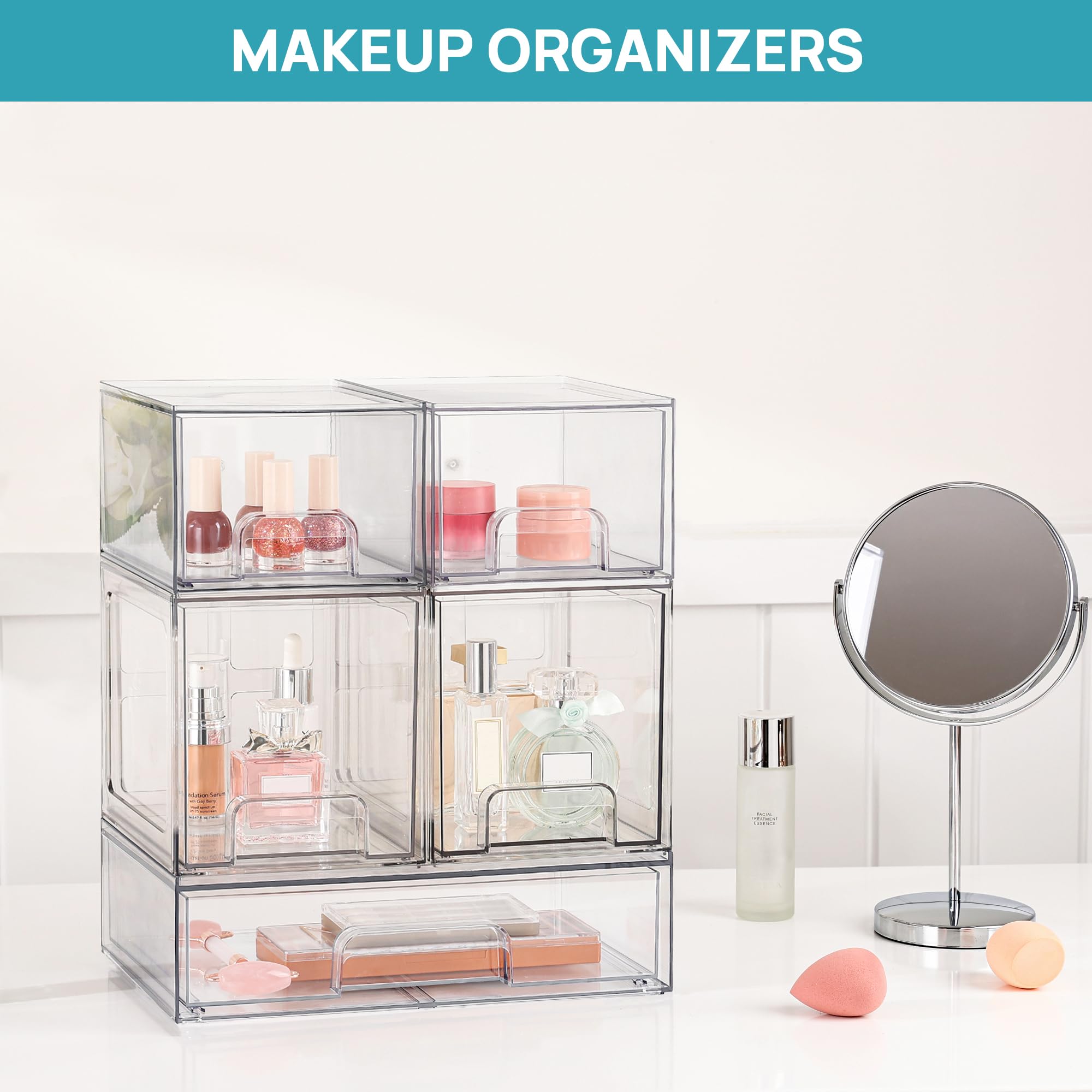 Vtopmart 4 Pack Stackable Makeup Organizer Storage Drawers, 6.6’‘ Tall Acrylic Bathroom Organizers,Clear Plastic Storage Bins For Vanity, Undersink, Kitchen Cabinets, Pantry Organization and Storage