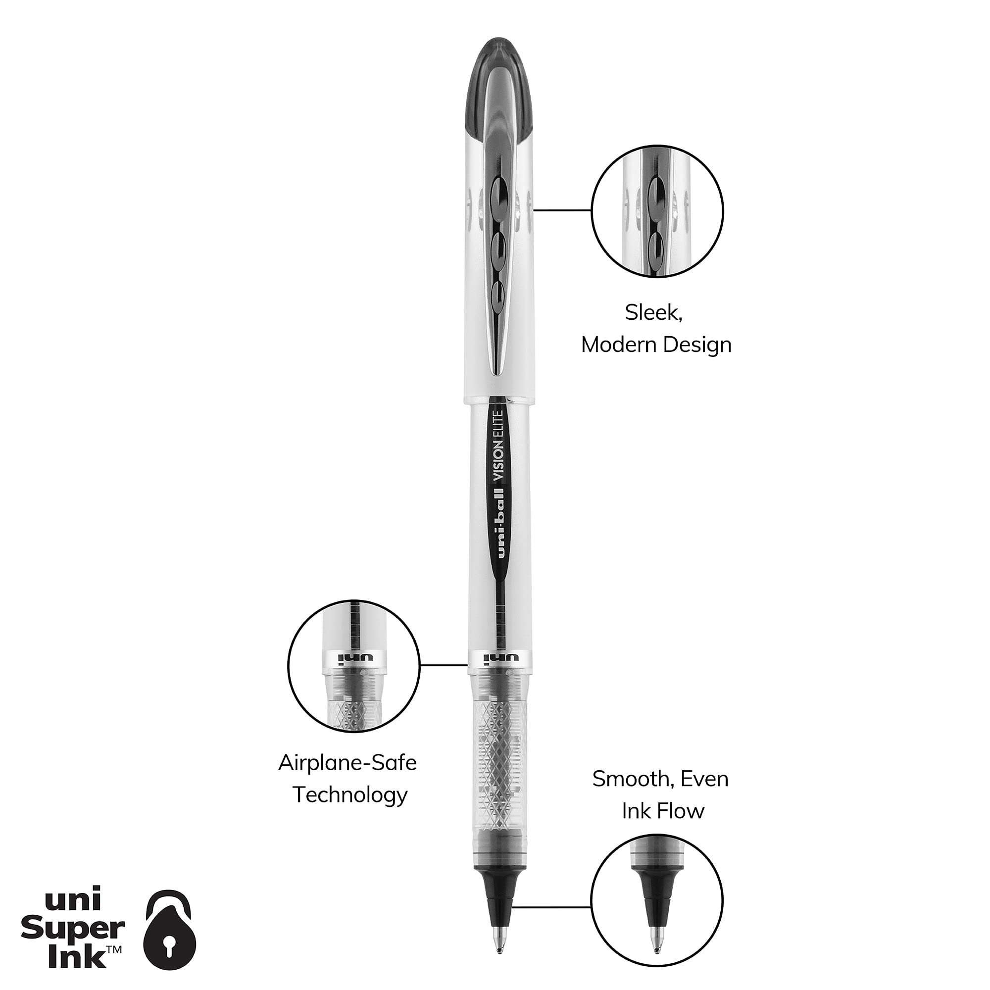 Uniball Vision Elite Rollerball Pens - 12 Pack (6 Black & 6 Blue Ballpens) - 0.8mm Bold Point Tip - Uni Super Ink Protects Against Water, Fraud, Fading - Ideal for Personal Use, School, Office, Home