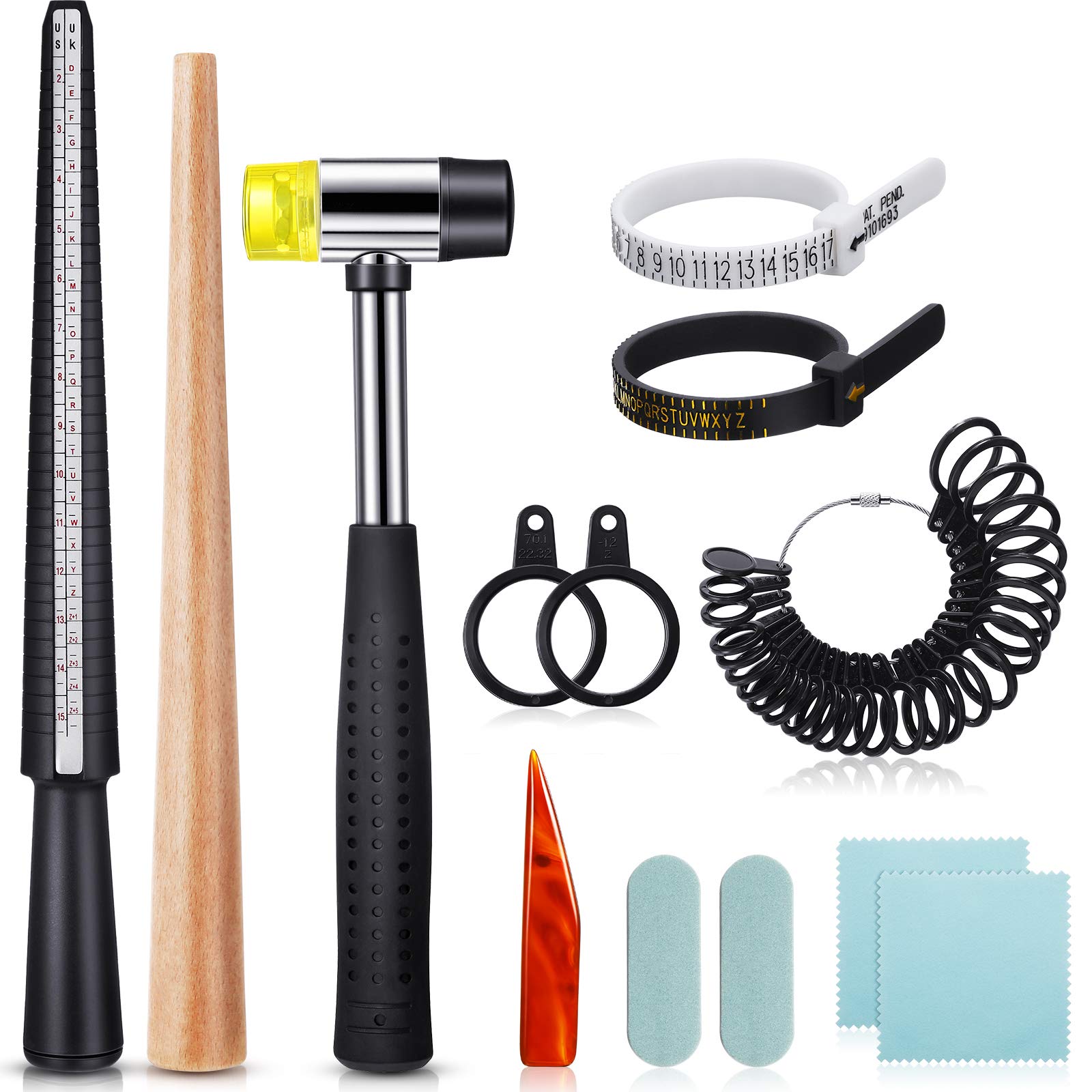 11 Pieces US UK Ring Mandrel Set, Size 1-13 with Half Size Ring Sizer Gauge Ring Mandrel Jewelry Hammer Ring Sizer Adjuster Polishing Cloth Polishing Stick Polished Agate Knife Measuring Tool (Black)