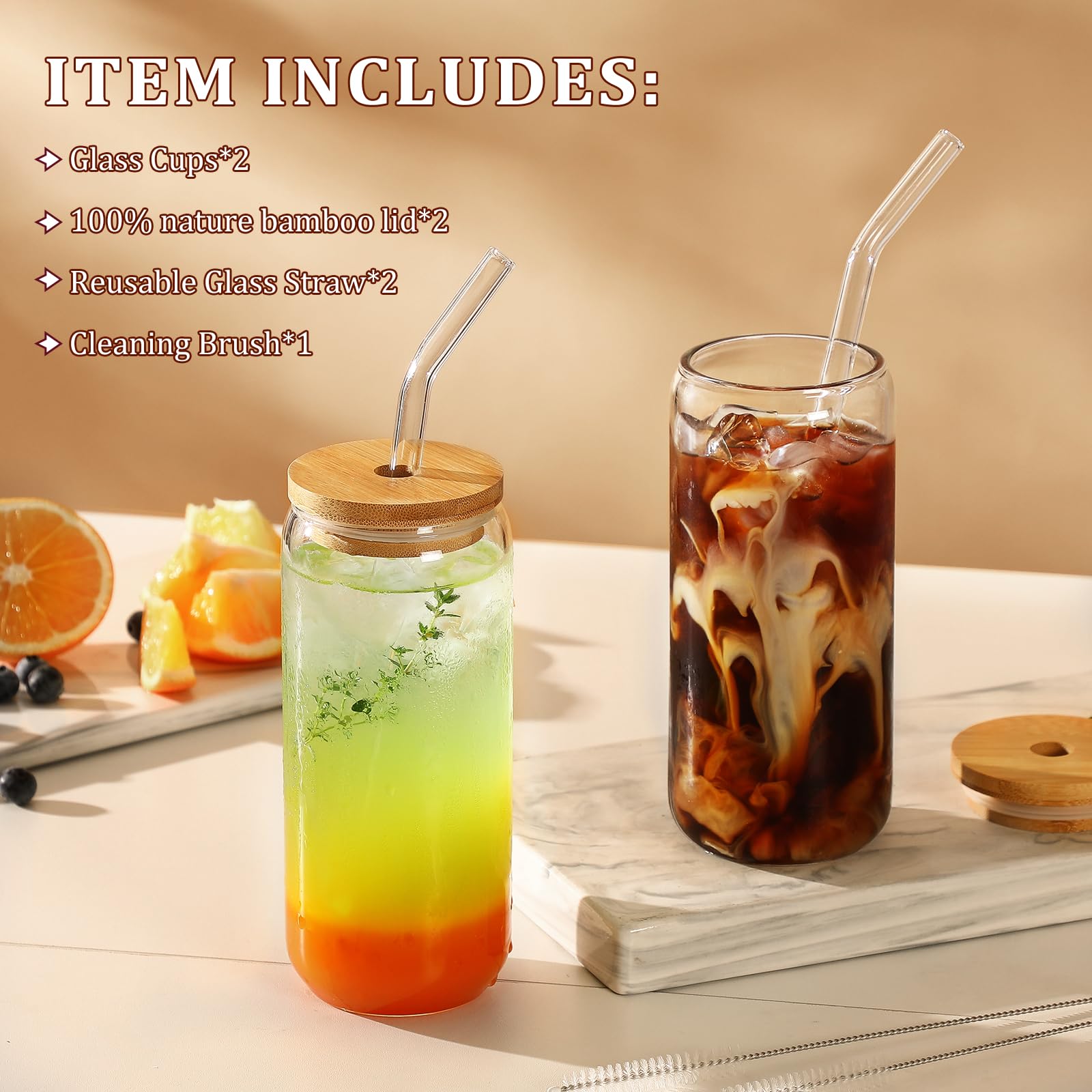 20 OZ Glass Cups with Bamboo Lids and Glass Straw - Beer Can Shaped Drinking Glasses Set, Iced Coffee Glasses, Cute Tumbler Cup for Smoothie, Boba Tea, Whiskey, Water, Gift - 2 Pack