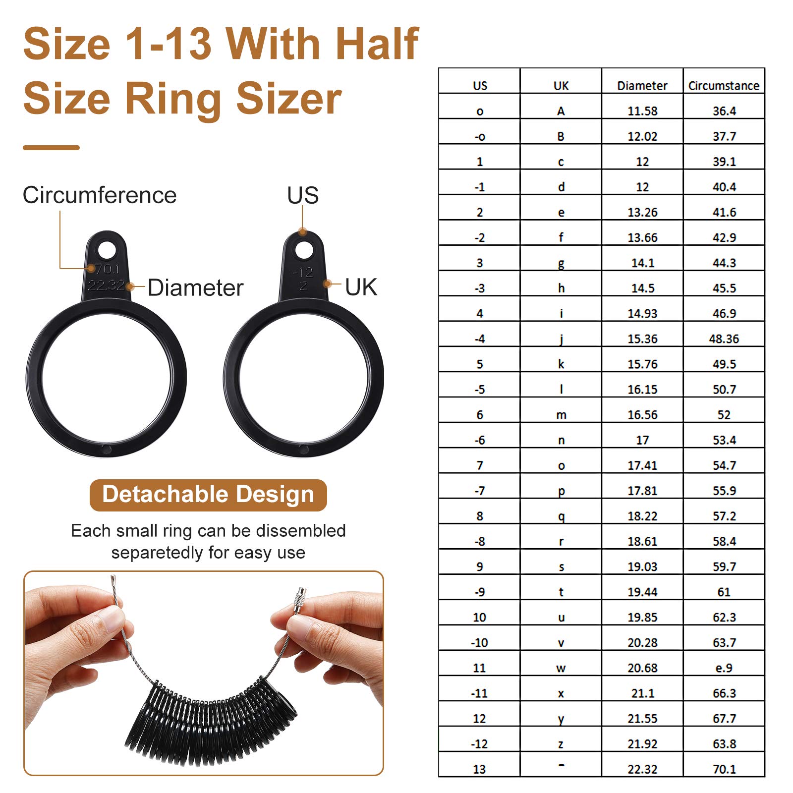 11 Pieces US UK Ring Mandrel Set, Size 1-13 with Half Size Ring Sizer Gauge Ring Mandrel Jewelry Hammer Ring Sizer Adjuster Polishing Cloth Polishing Stick Polished Agate Knife Measuring Tool (Black)