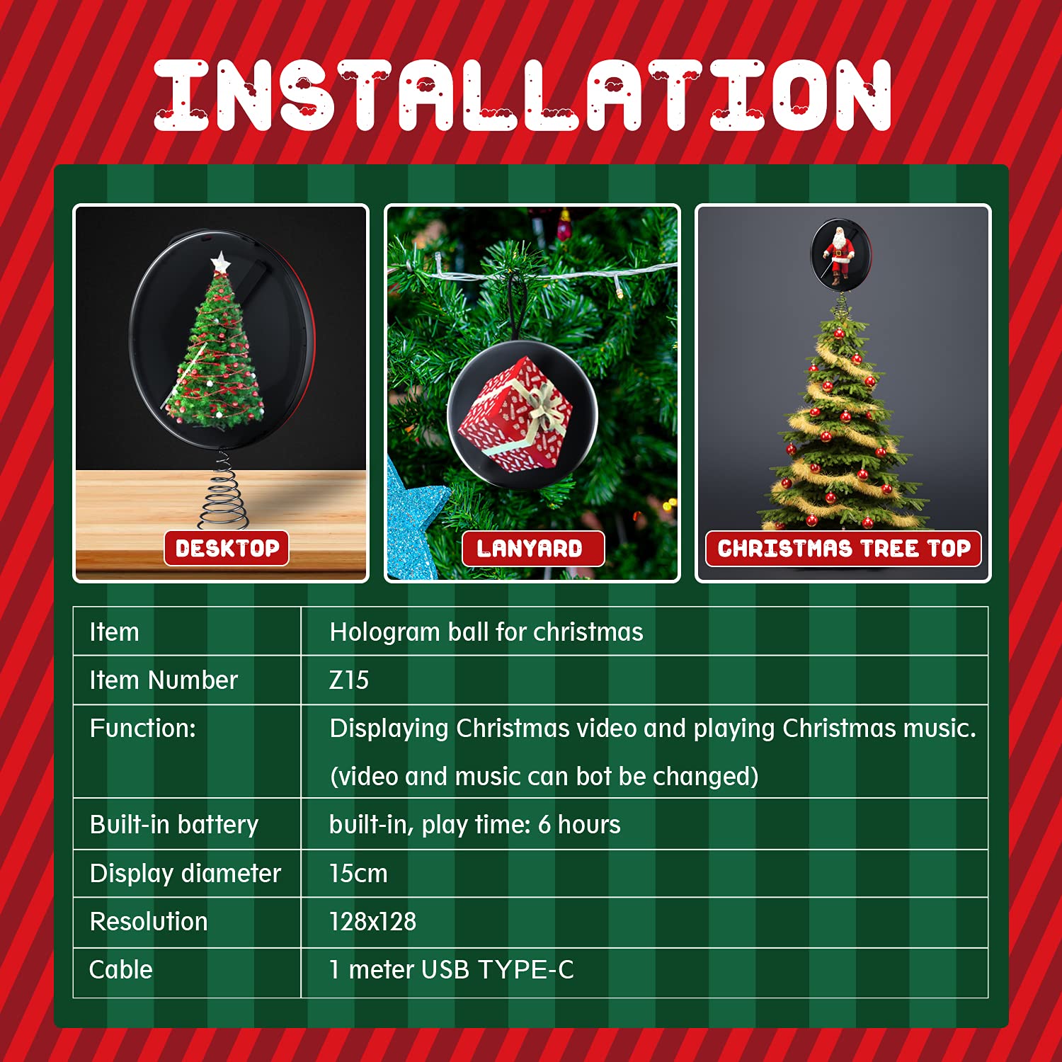 3D Hologram Fan Christmas Ball Ornaments for Xmas Tree, 5.9" Christmas Tree Topper Lighted, Built-in Bluetooth 3D Holographic Display Christmas Theme Video, Decorative Hanging Ball Gfit for Kids