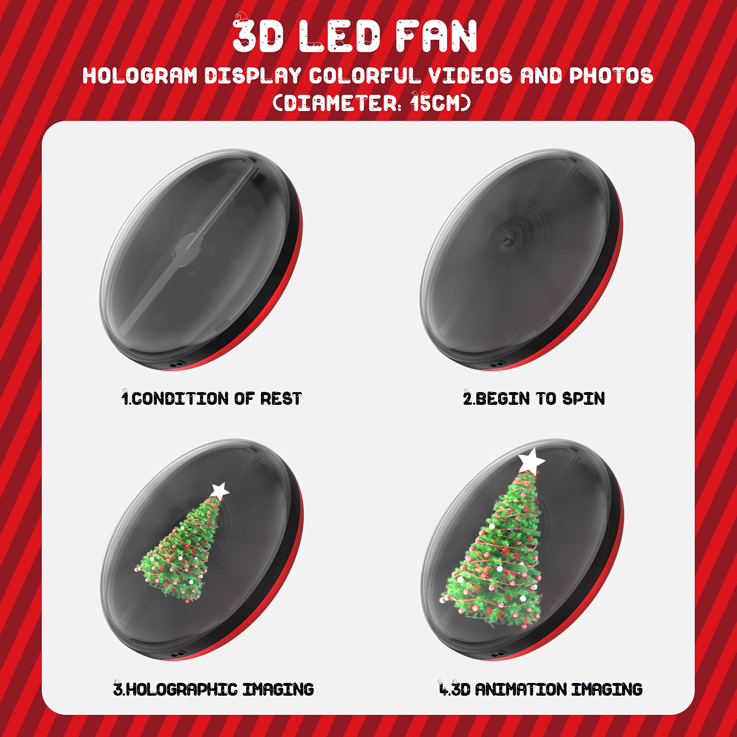 3D Hologram Fan Christmas Ball Ornaments for Xmas Tree, 5.9" Christmas Tree Topper Lighted, Built-in Bluetooth 3D Holographic Display Christmas Theme Video, Decorative Hanging Ball Gfit for Kids