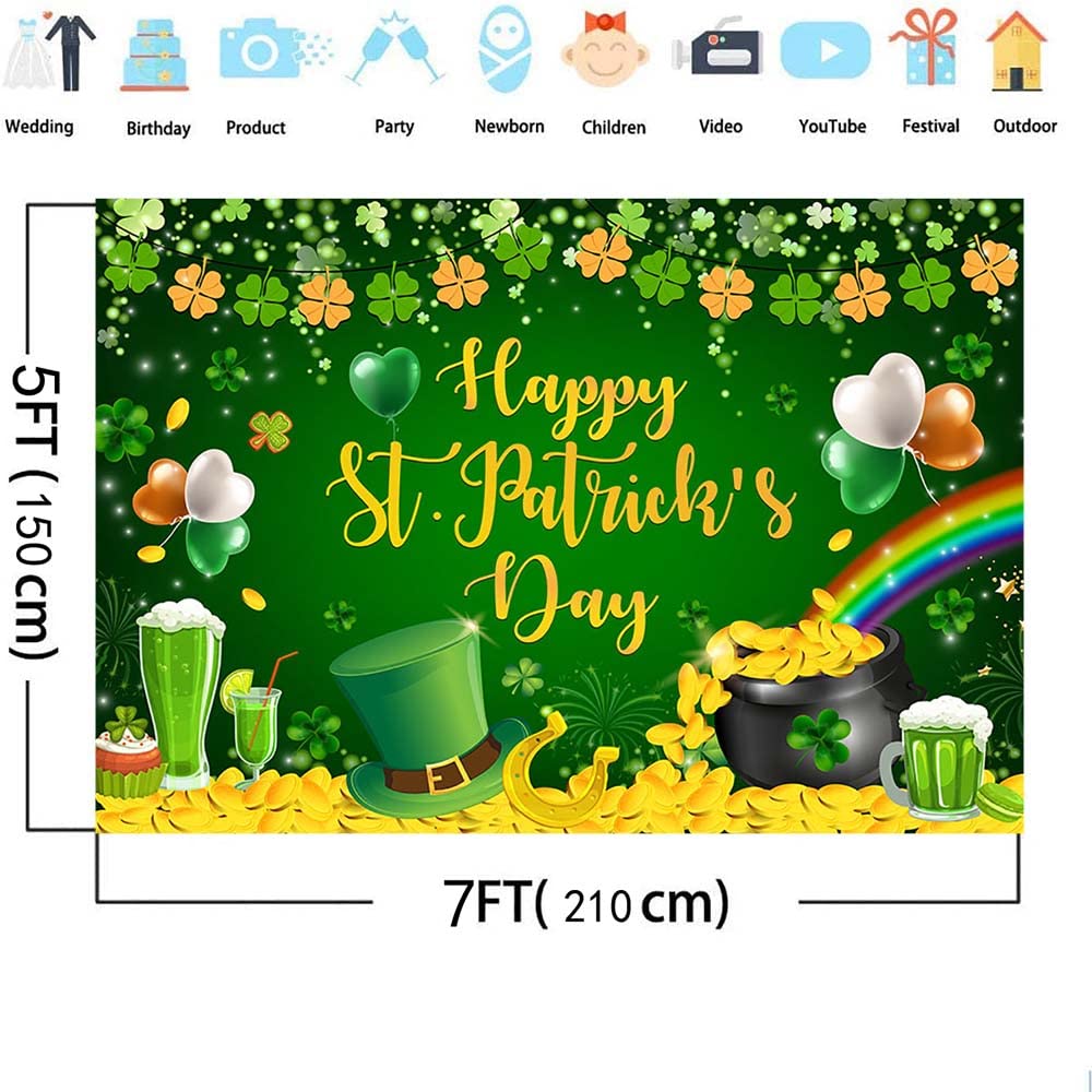 AIBIIN Happy St.Patrick's Day Decorations St.Patrick's Day Banner Backdrop Green Shamrock Photo Background St.Patricks Day Green Backdrop Beer Green Leaf Cover Banner Vinyl 7x5ft
