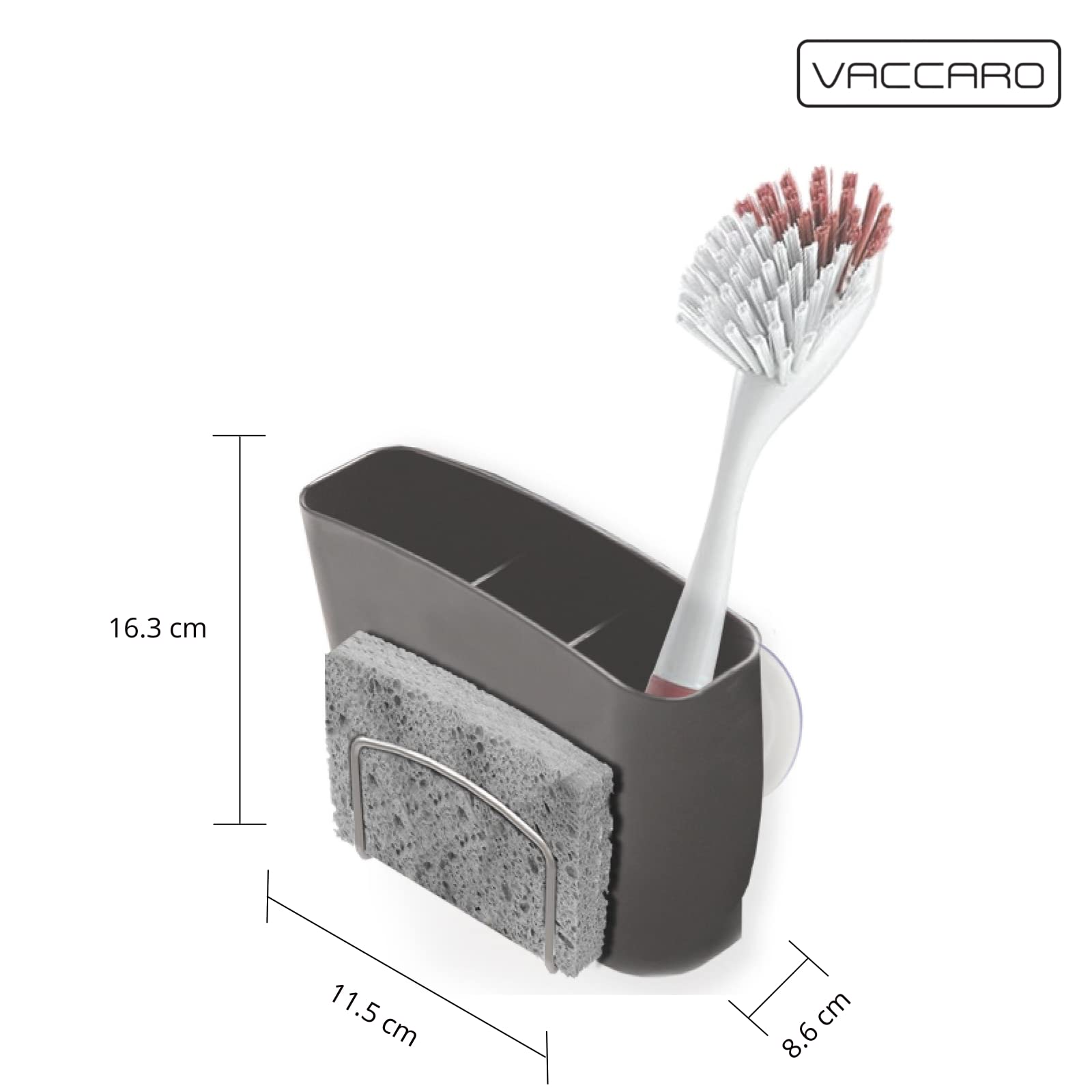 VACCARO Kitchen Sink Caddy, Plastic Caddy for Kitchen Sink with 3 Storage Compartments & Sponge Holder, Rustproof Kitchen Sink Organizer for Place Soap, Sponge, Scrubber Brush, Dishcloth, Grey