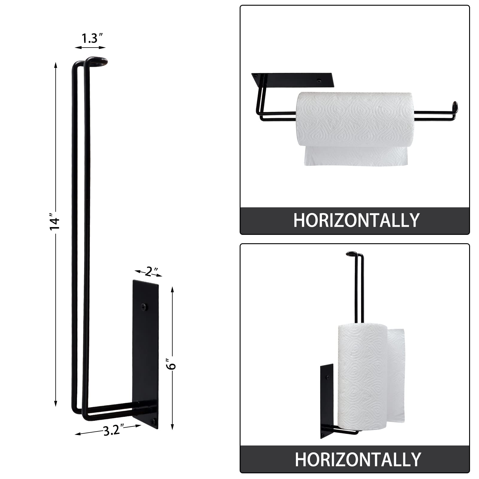 2 Pack Paper Towel Holder Under Cabinet, Black Wall Mount Metal Paper Towel Rack Fits Standard Size Paper Rolls for Kitchen, Bathroom, Garage