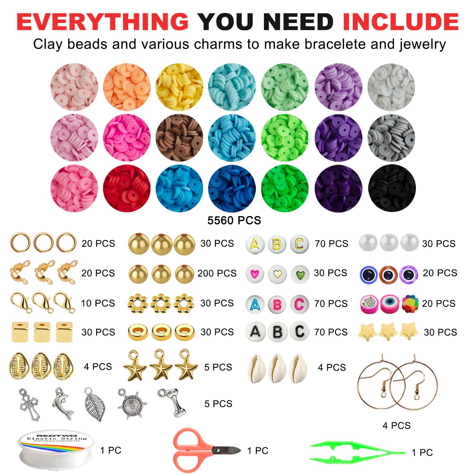 Redtwo 6200 Pcs Clay Beads Bracelet Making Kit, Flat Round Polymer Heishi Beads Friendship Bracelet Kit with Charms and Elastic Strings, Jewelry Making Kit for Girls 8-12 Gifts for Kids