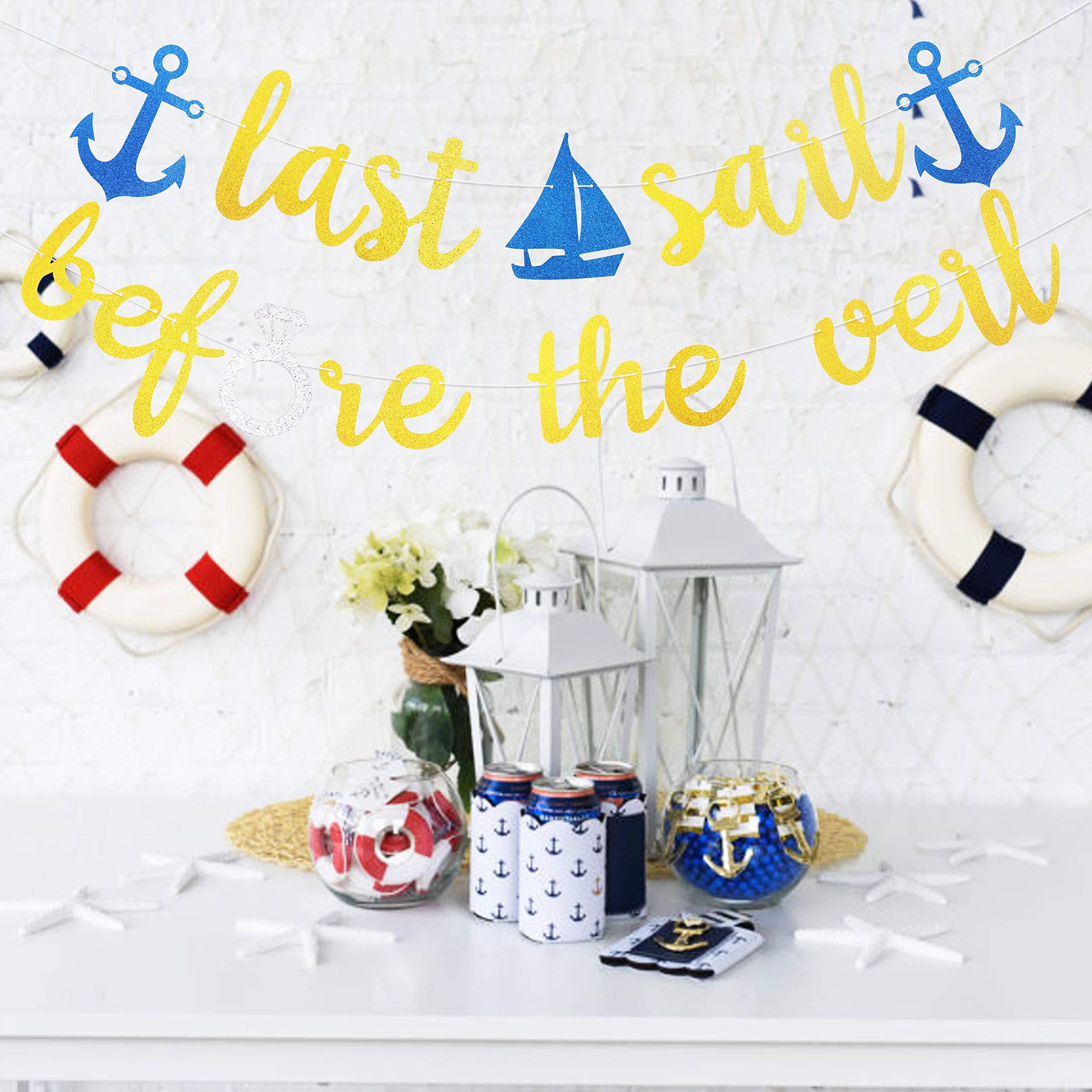 Last Sail Before the Veil Gold Glitter Banner for Nautical Sailor Theme Bachelorette Bride to Be Party Anchor Cruise Banner Decorations