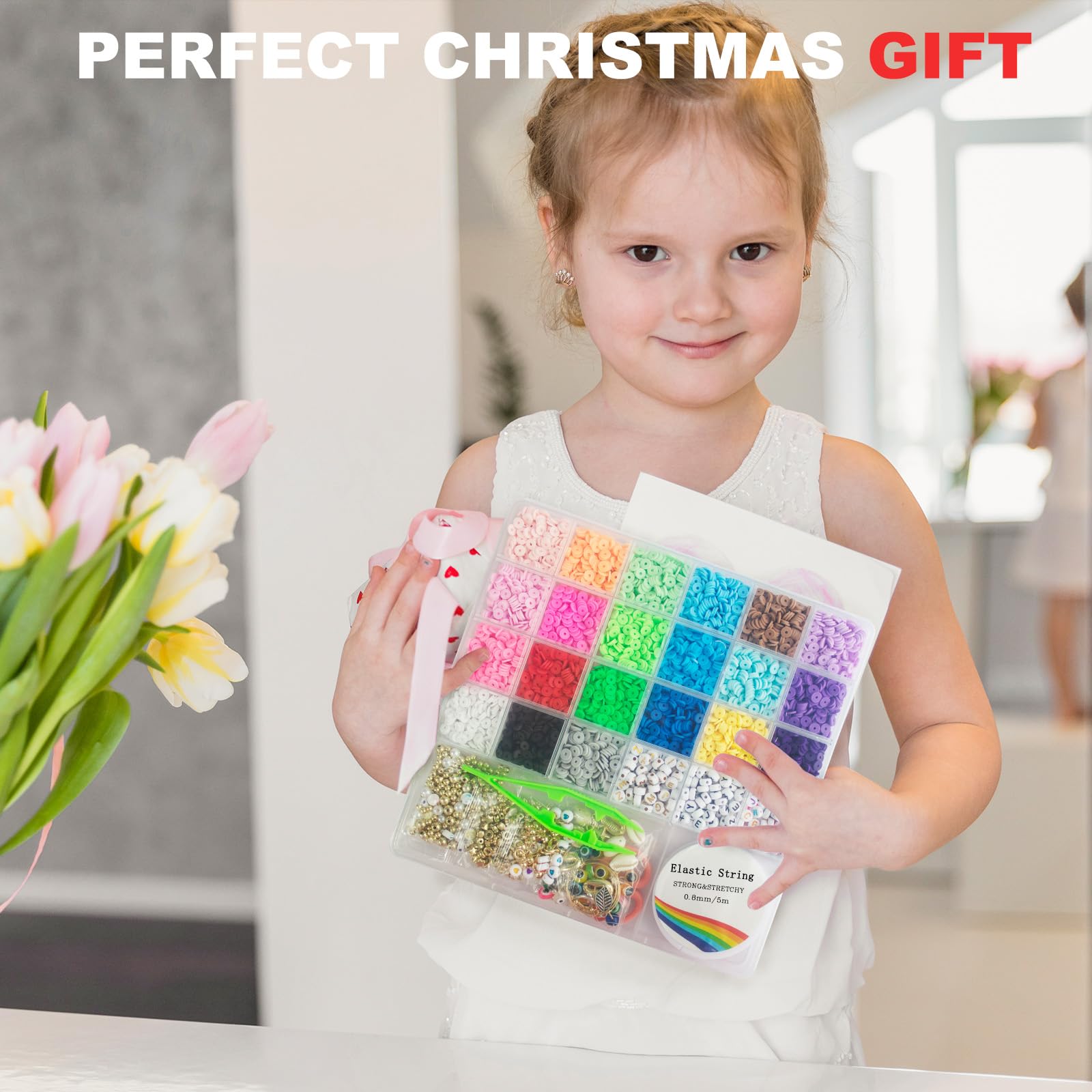 Redtwo 6200 Pcs Clay Beads Bracelet Making Kit, Flat Round Polymer Heishi Beads Friendship Bracelet Kit with Charms and Elastic Strings, Jewelry Making Kit for Girls 8-12 Gifts for Kids