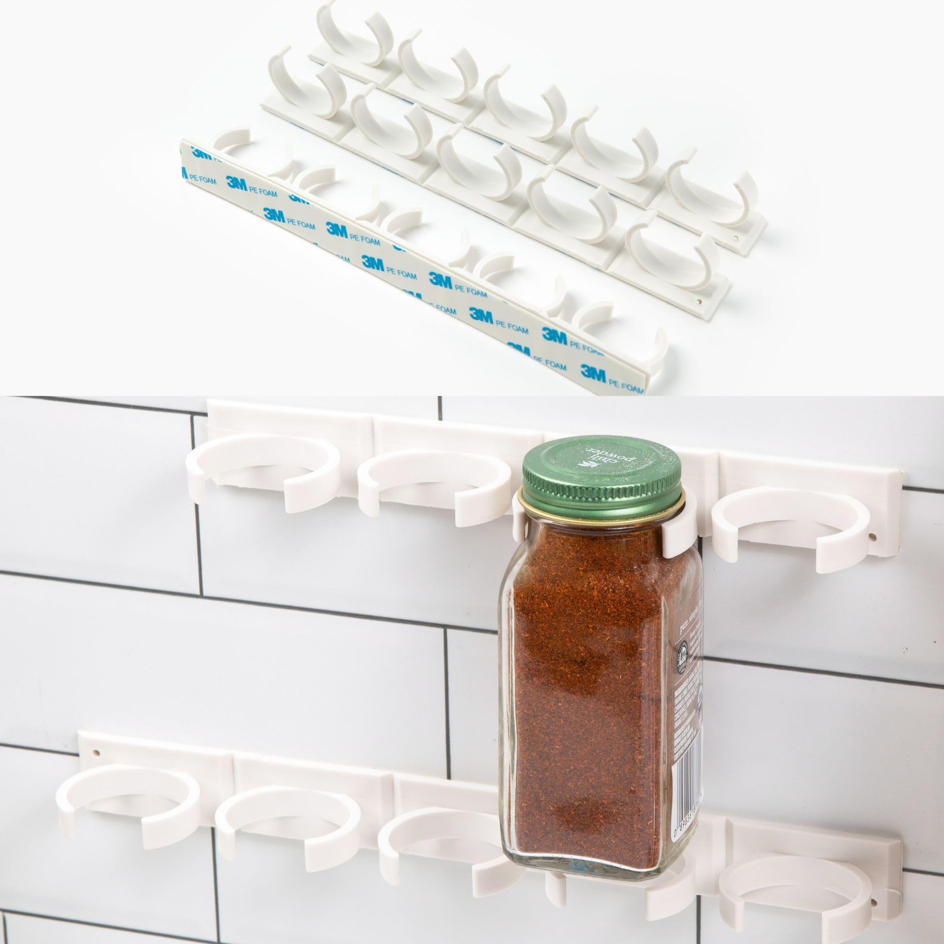 Spice Clip Strips For Cabinet Doors - Organizer for Spices - Spice Rack Holds15 Spice Jars - 3M Adhesive Gripper Clip Strips For Pantry Made of Heavy White Plastic By Crazy Chef