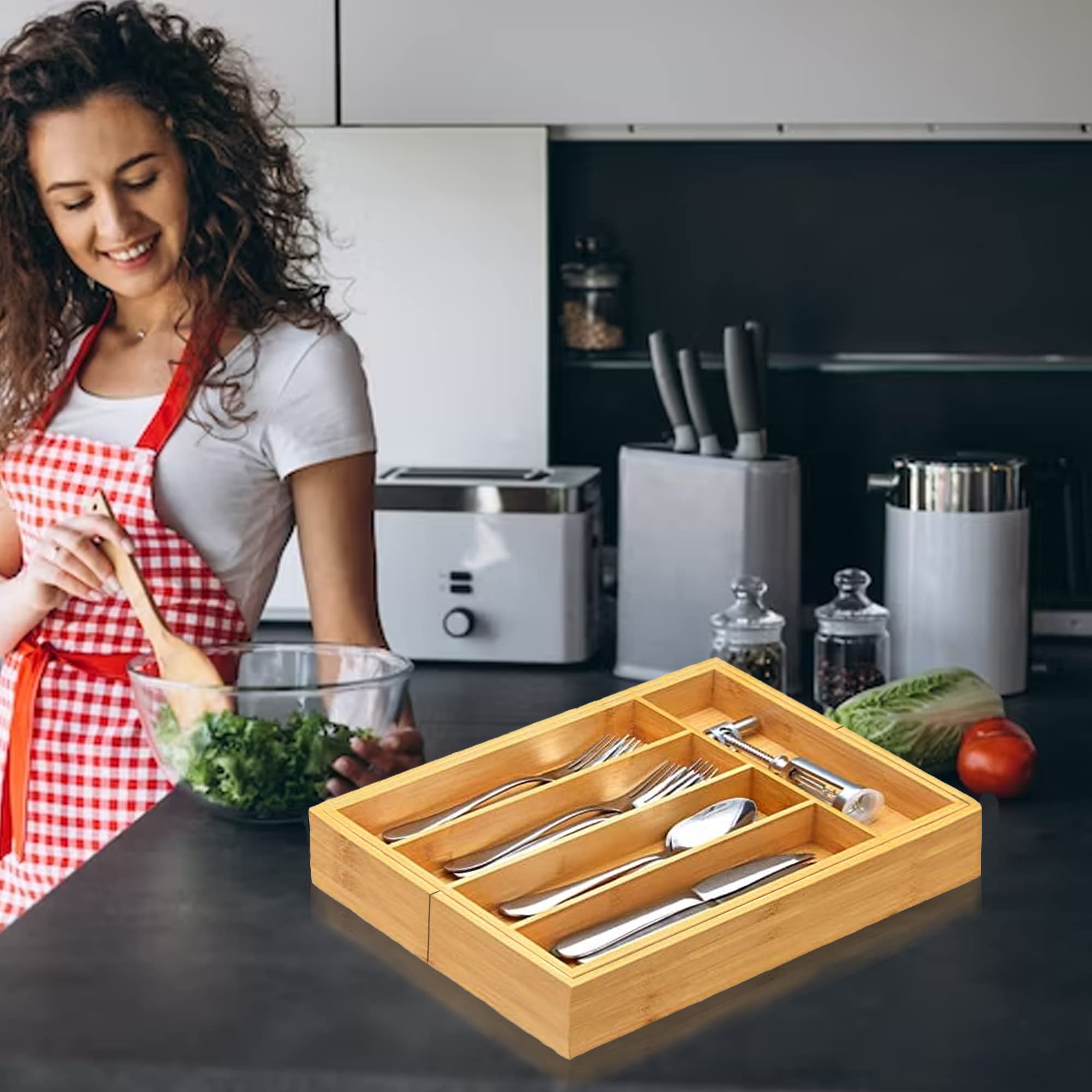 Kitchenaro Bamboo Expandable Kitchen Drawer Organizer – Kitchen Silverware Organizer Drawer Utensil Organizer Tray – 5 to 7 Compartments – Smooth Burr-Free Finish – Natural Wood Cutlery & Knife Holder