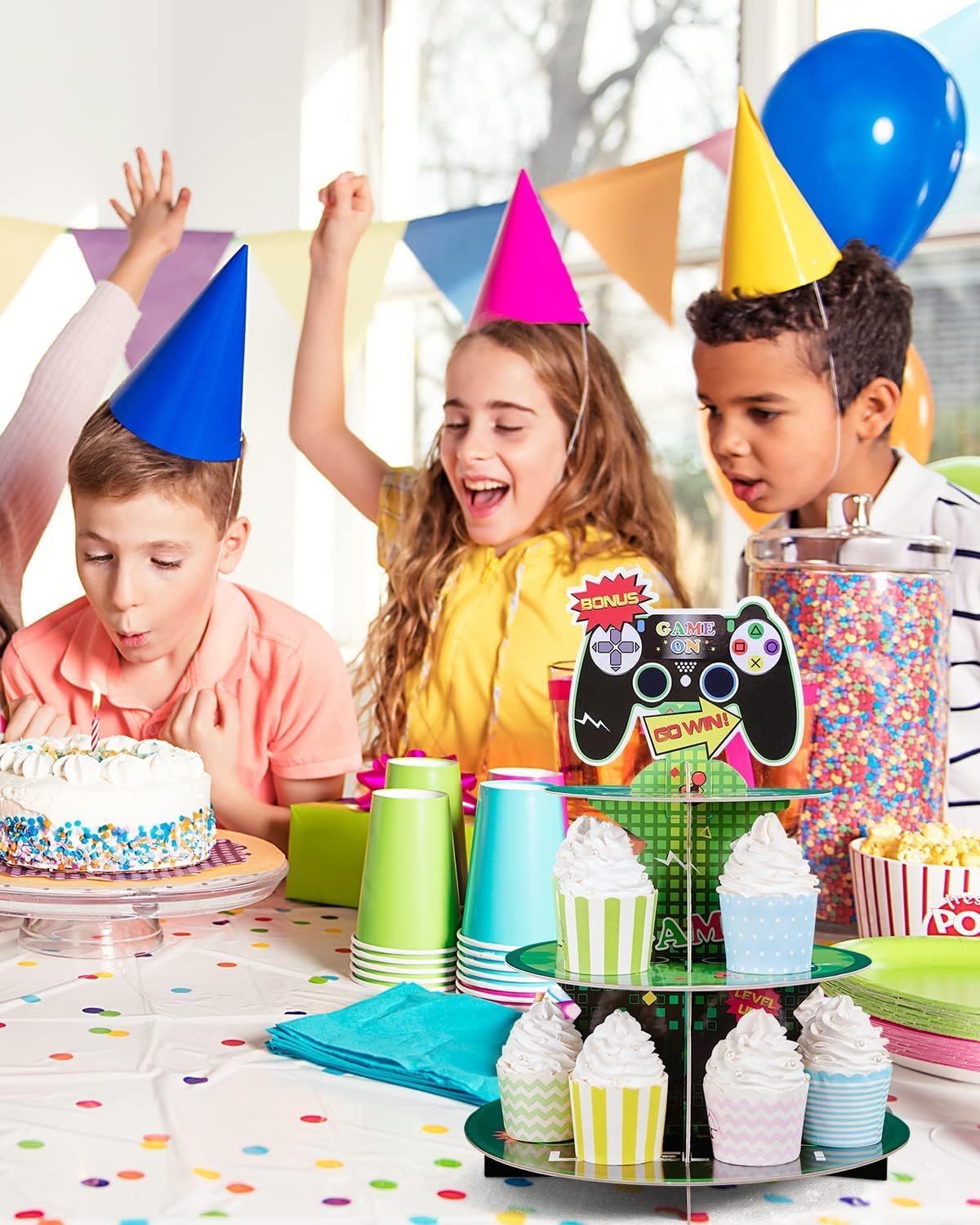WERNNSAI Video Game Cupcake Stand - 3-Tier Gaming Party Decorations for Boys Cardboard Cupcake Holder Round Serving Tray Stand Dessert Tower Video Game Theme Birthday Party Supplies