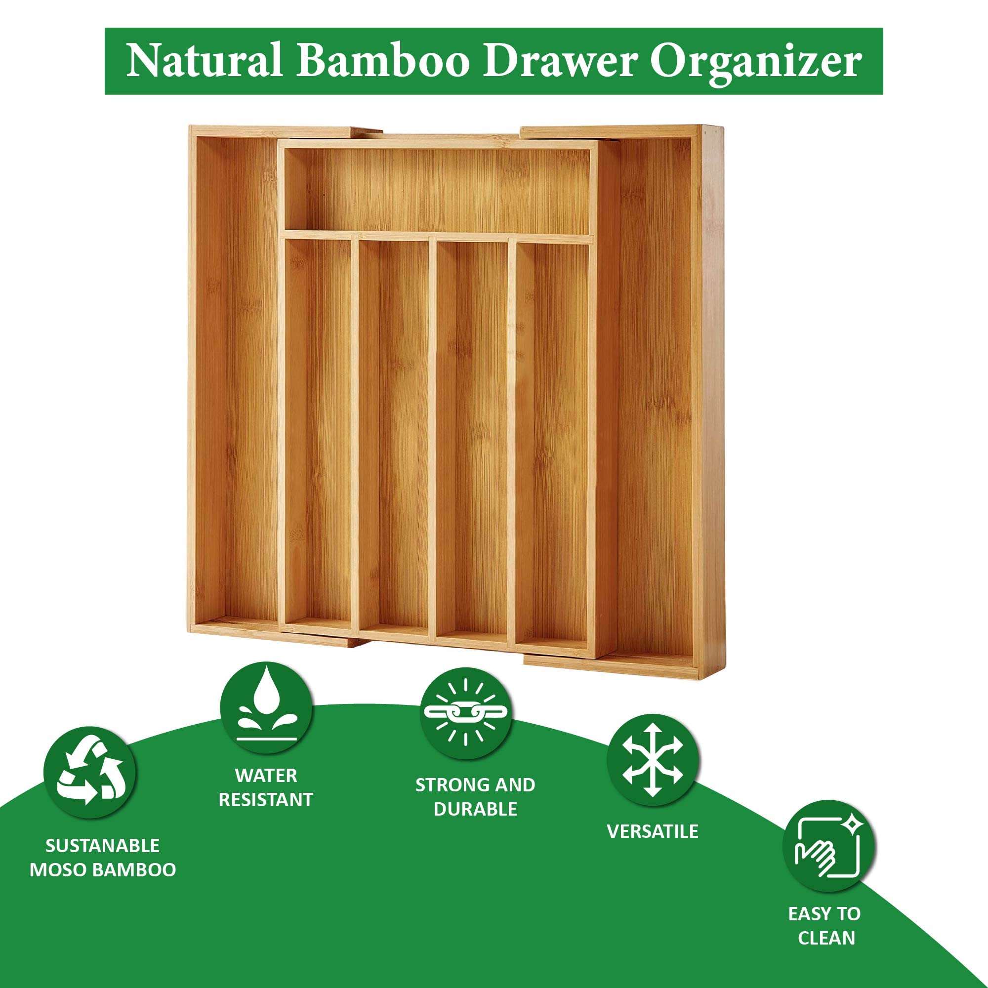 Kitchenaro Bamboo Expandable Kitchen Drawer Organizer – Kitchen Silverware Organizer Drawer Utensil Organizer Tray – 5 to 7 Compartments – Smooth Burr-Free Finish – Natural Wood Cutlery & Knife Holder