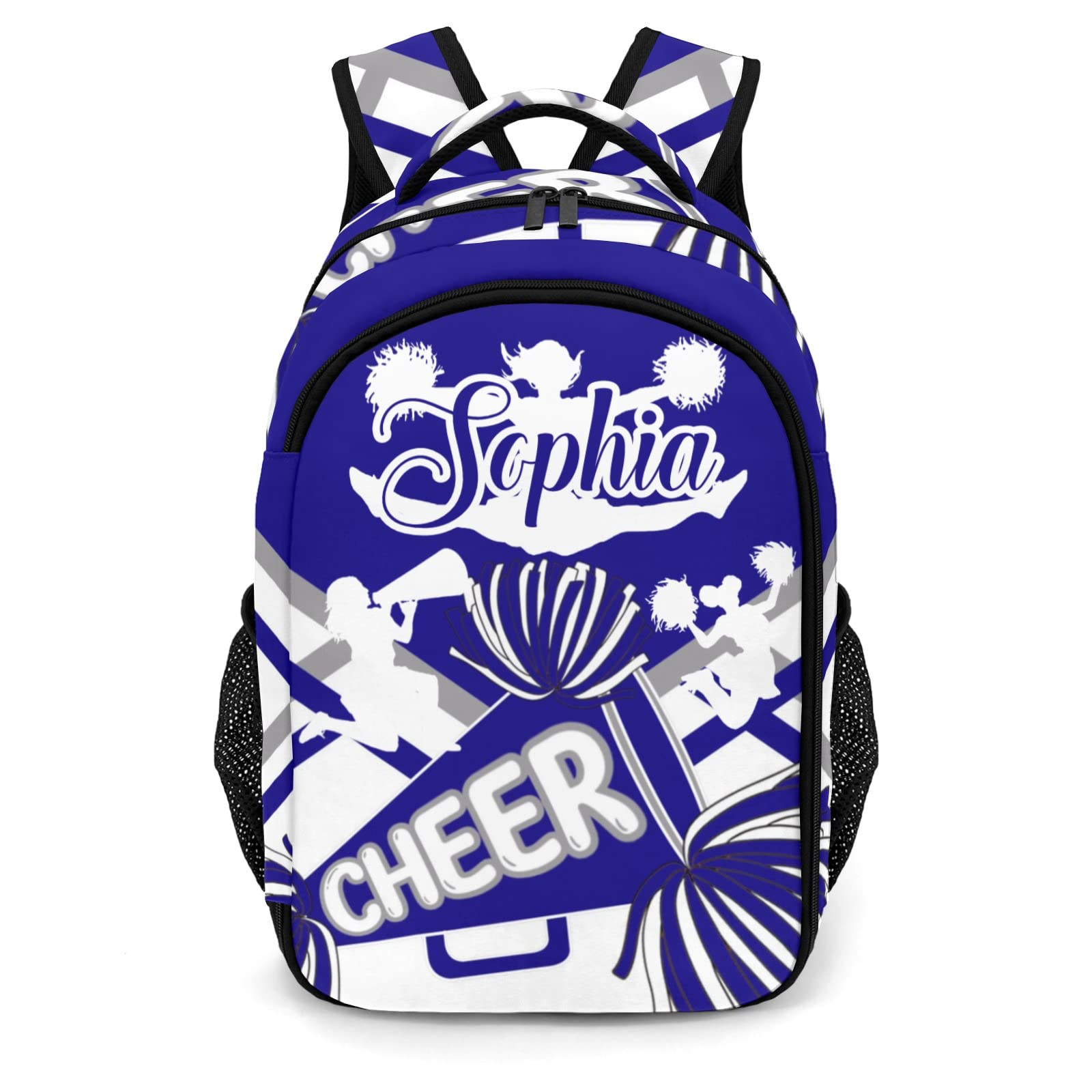 Anneunique Personalized Name Cheerleaders Backpack Custom Multifunctional Waterproof Laptop Bag for Travel Gift Cheer Pom Navy Blue White