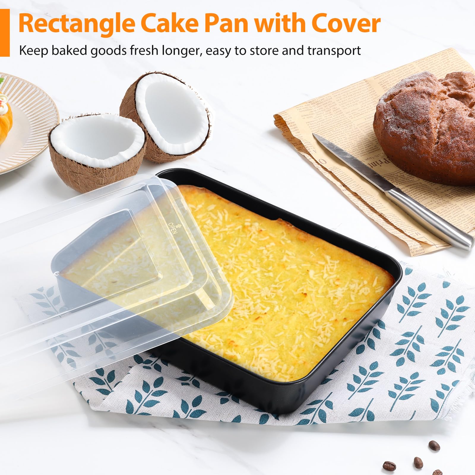 E-far Baking Pans with Lids Set of 3, Nonstick Sheet Cake Pan for Oven Lasagna Brownie Casserole - 12.5/10.5/9.4Inch, Rectangle Metal Bakeware Set, Stainless Steel Core - 6 Pieces(3 Pans + 3 Covers)