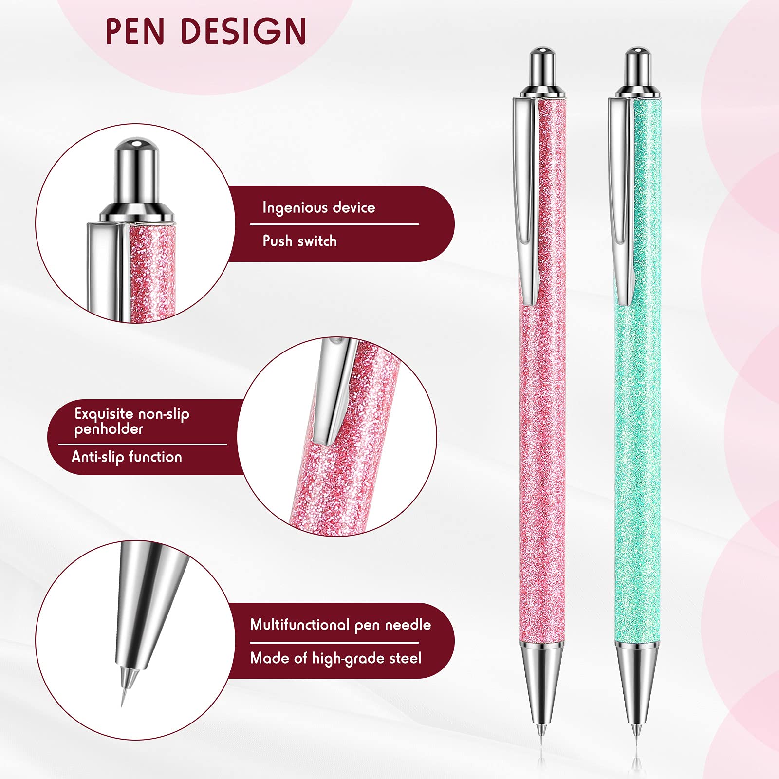 2 Pieces Weeding Pen Vinyl Pen Pin Weeding Tool Fine Point Weeding Tool Glitter Metal Vinyl Air Release or Car Puncturing Installation Retractable Craft Vinyl Tool for DIY (Green, Pink)