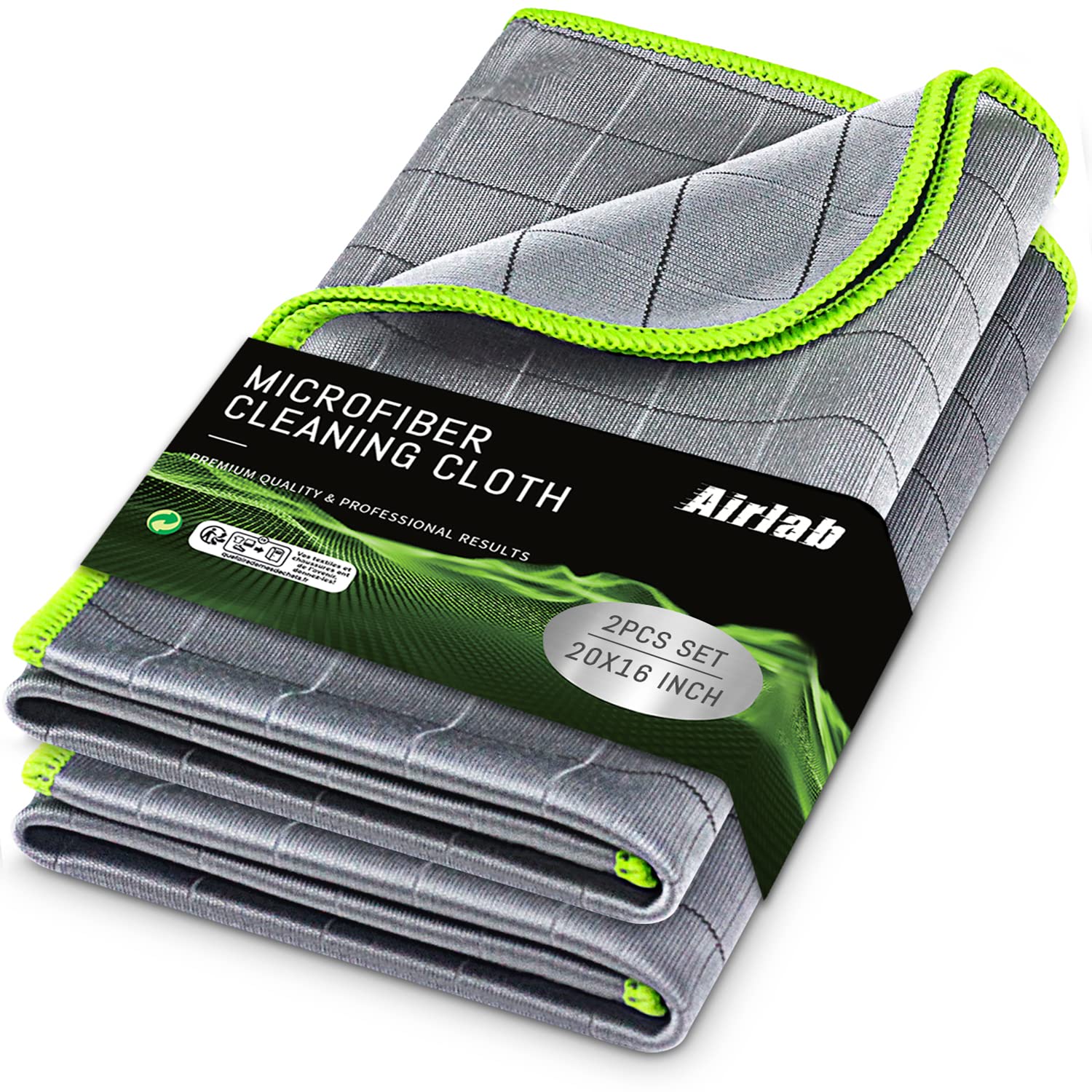 Airlab Carbon Microfiber Towels for Car Glass Window Polishing Cleaning Cloth Auto Detailing Lint Free Streak Free Drying Car Wash Large Towel, Pack of 2, 20"x16", 400GSM